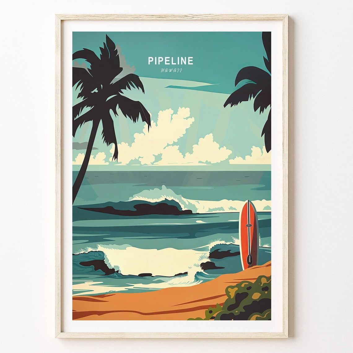 Pipeline Travel Poster, Hawaii Wall Art, Hawaii Surf Print, Pipeline ...