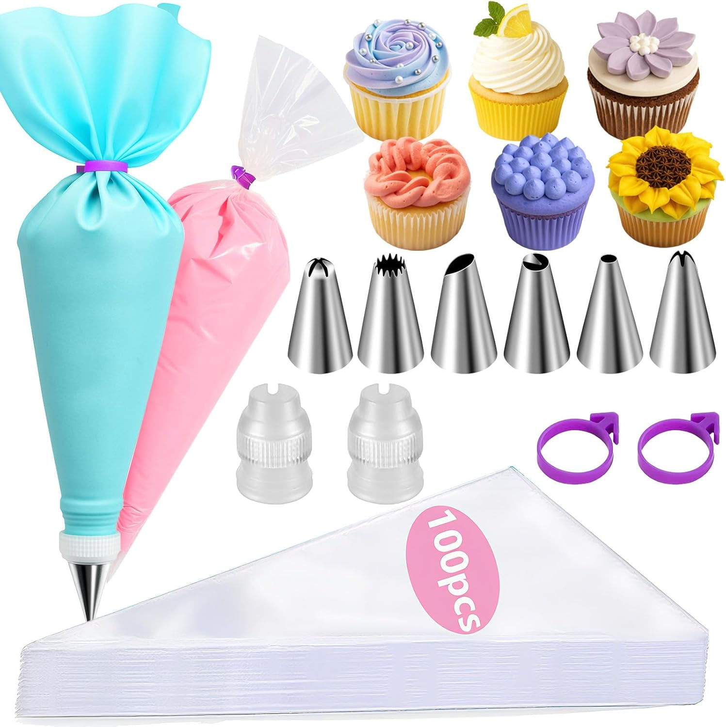 Piping Bags and Tips Set, Cakes Decorating Supplies Kit with 100pcs 12 ...