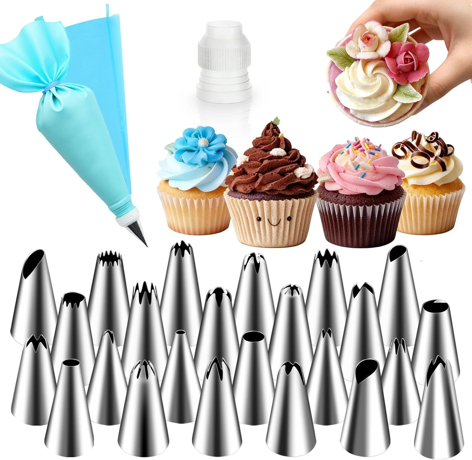Piping Tips, 26 Pieces Frosting Piping Kit Stainless Steel Icing Tips ...