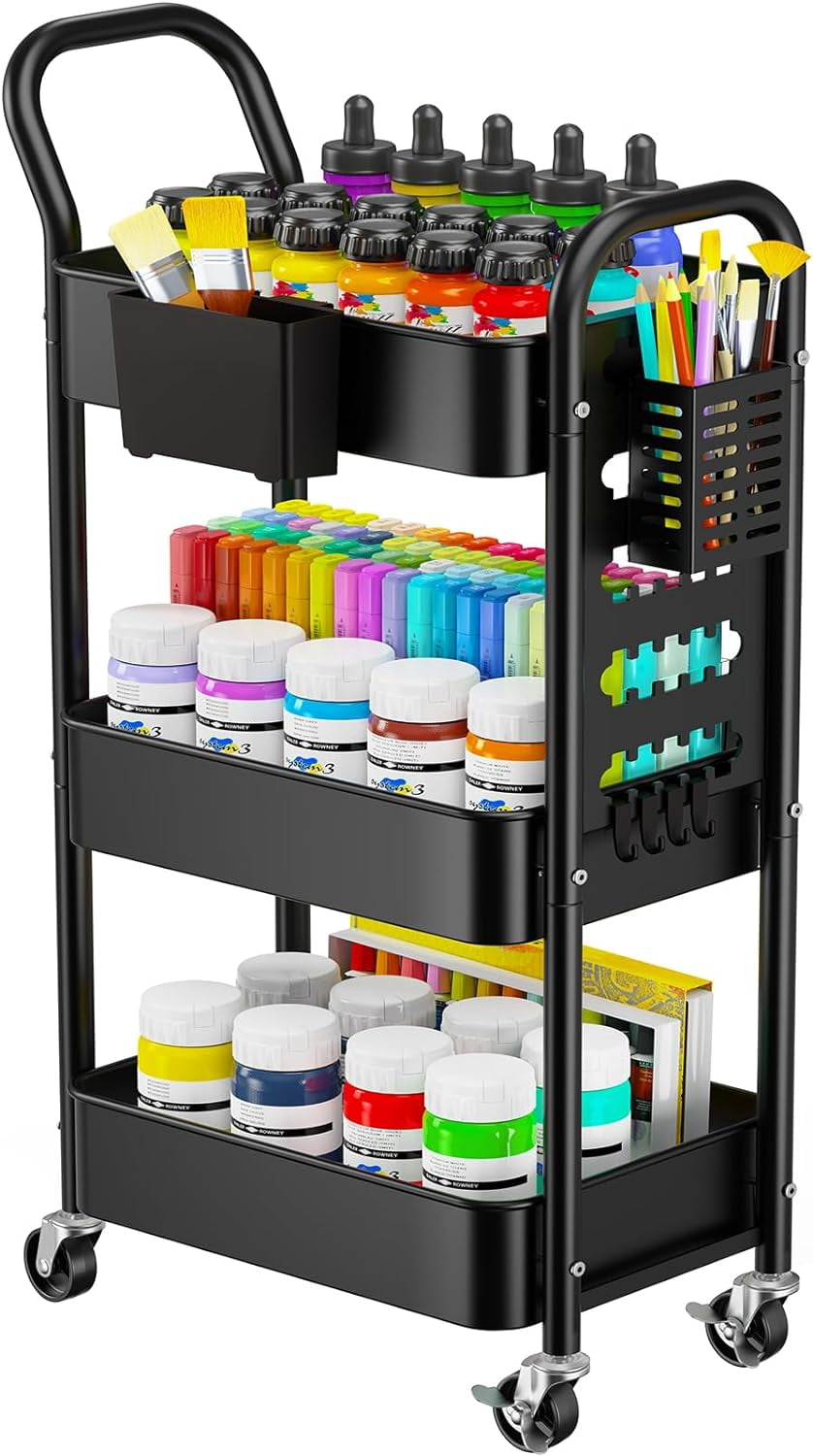 Pipishell 3-Tier Rolling Cart, Metal Utility Cart with Pegboard, Lockable Wheels & U-Shaped ...