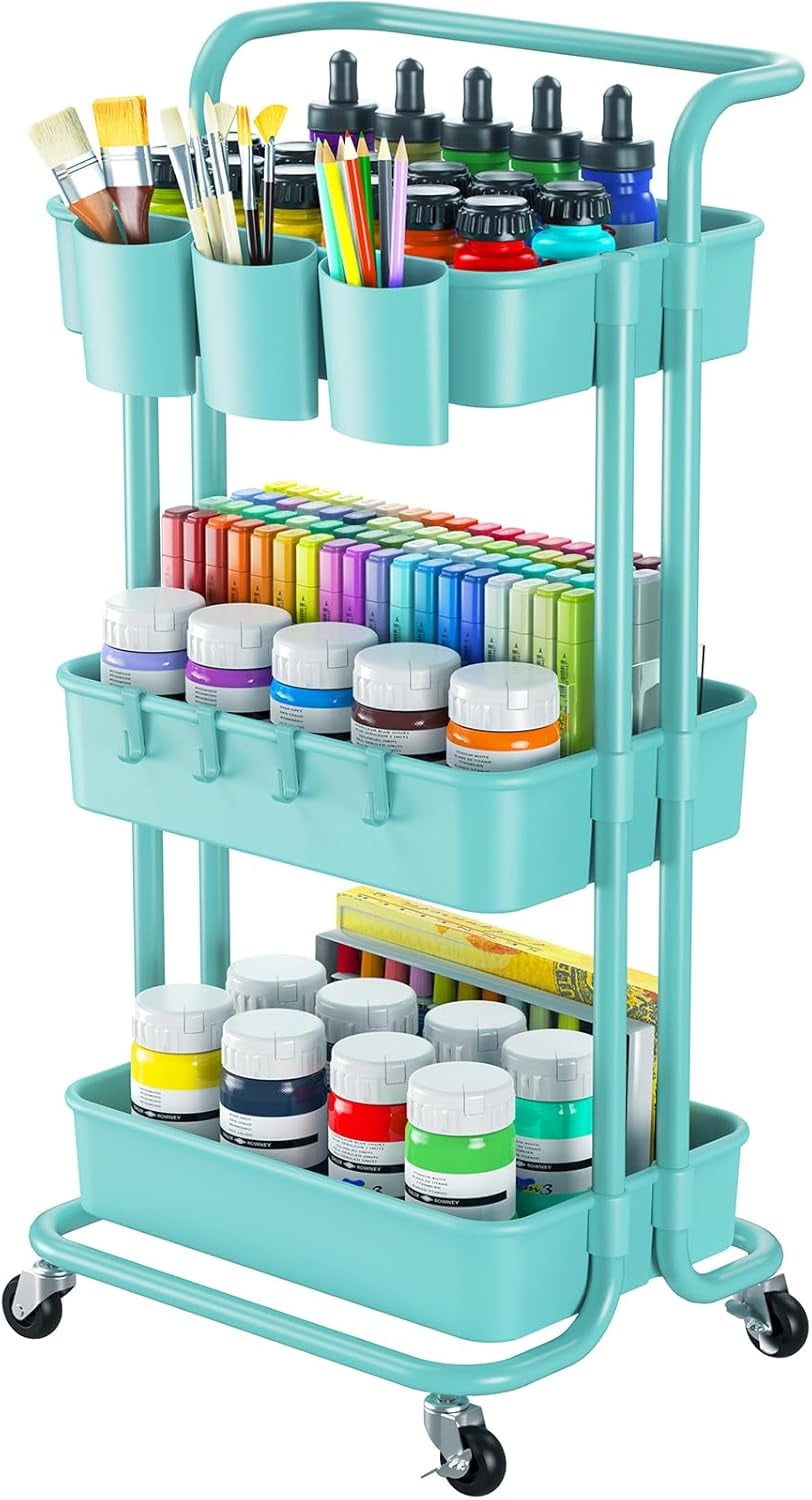 Pipishell 3-Tier Rolling Cart with Wheels - Rolling Storage Cart with Hanging Cups & Hooks ...