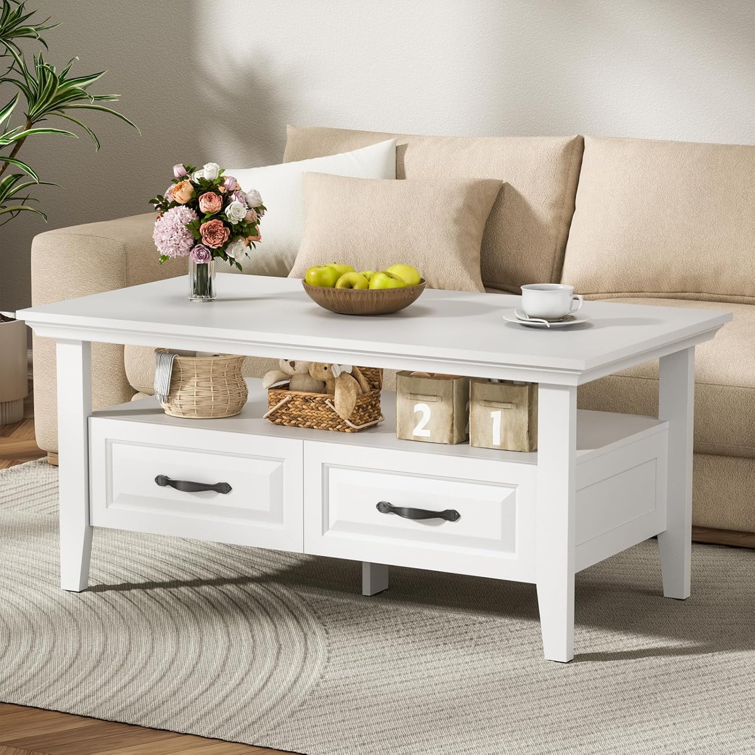 Pipishell Modern Coffee Table Farmhouse with Storage，Wood Coffee Table ...
