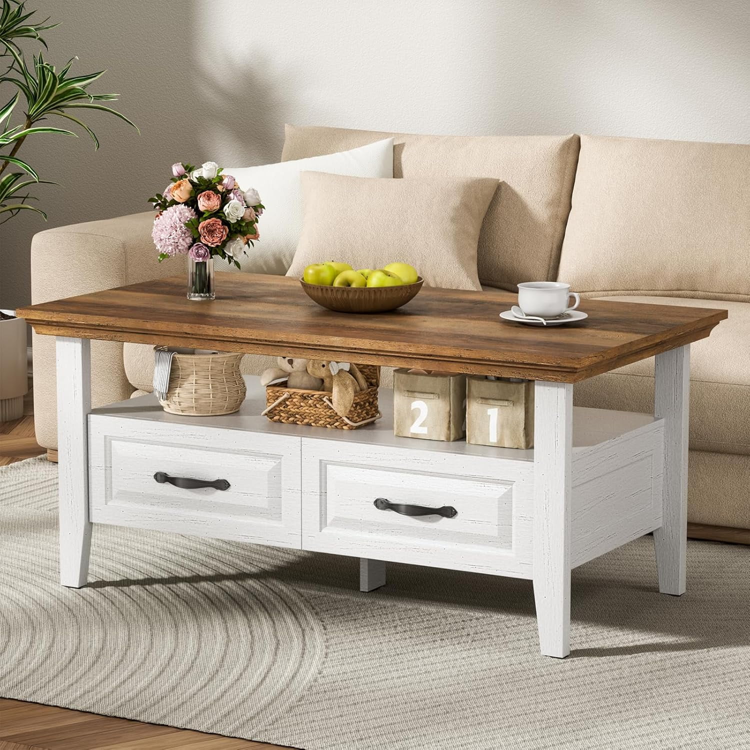 Pipishell Modern Coffee Table Farmhouse with Storage，Wood Coffee Table ...