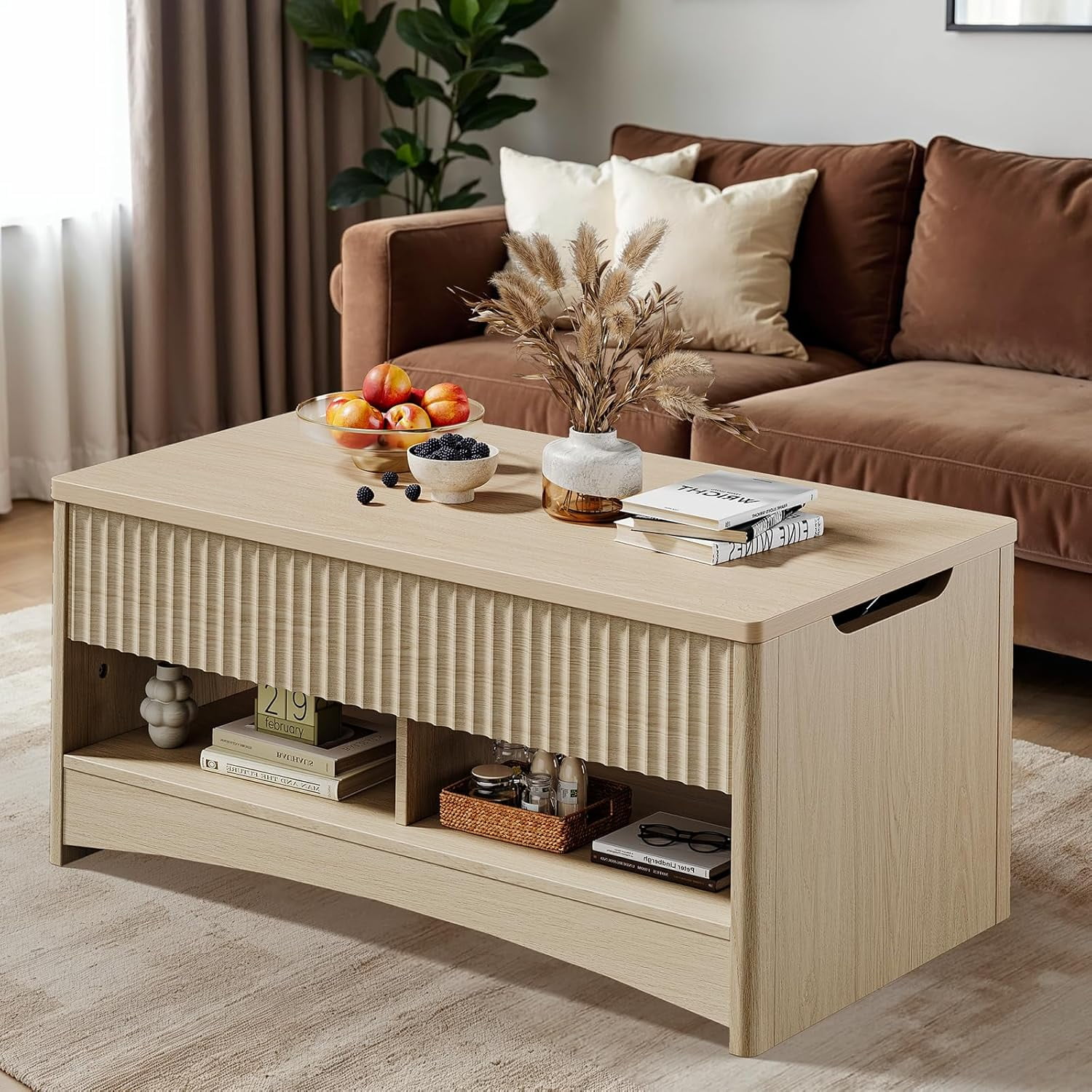 Pipishell Modern Lift Top Coffee Table with Storage, Fluted Design ...