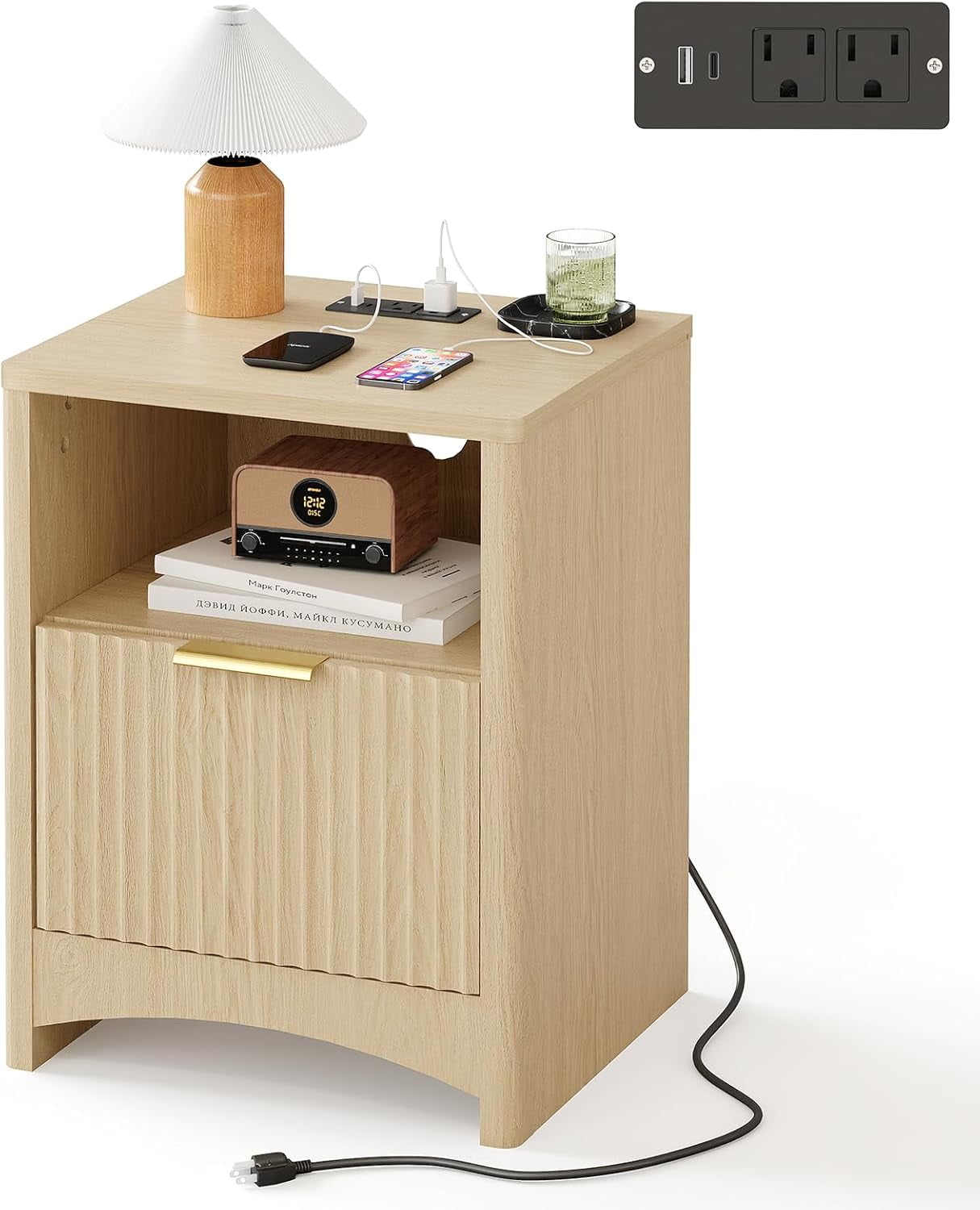 Pipishell Modern Nightstand with Charging Station, Bedside Table with ...