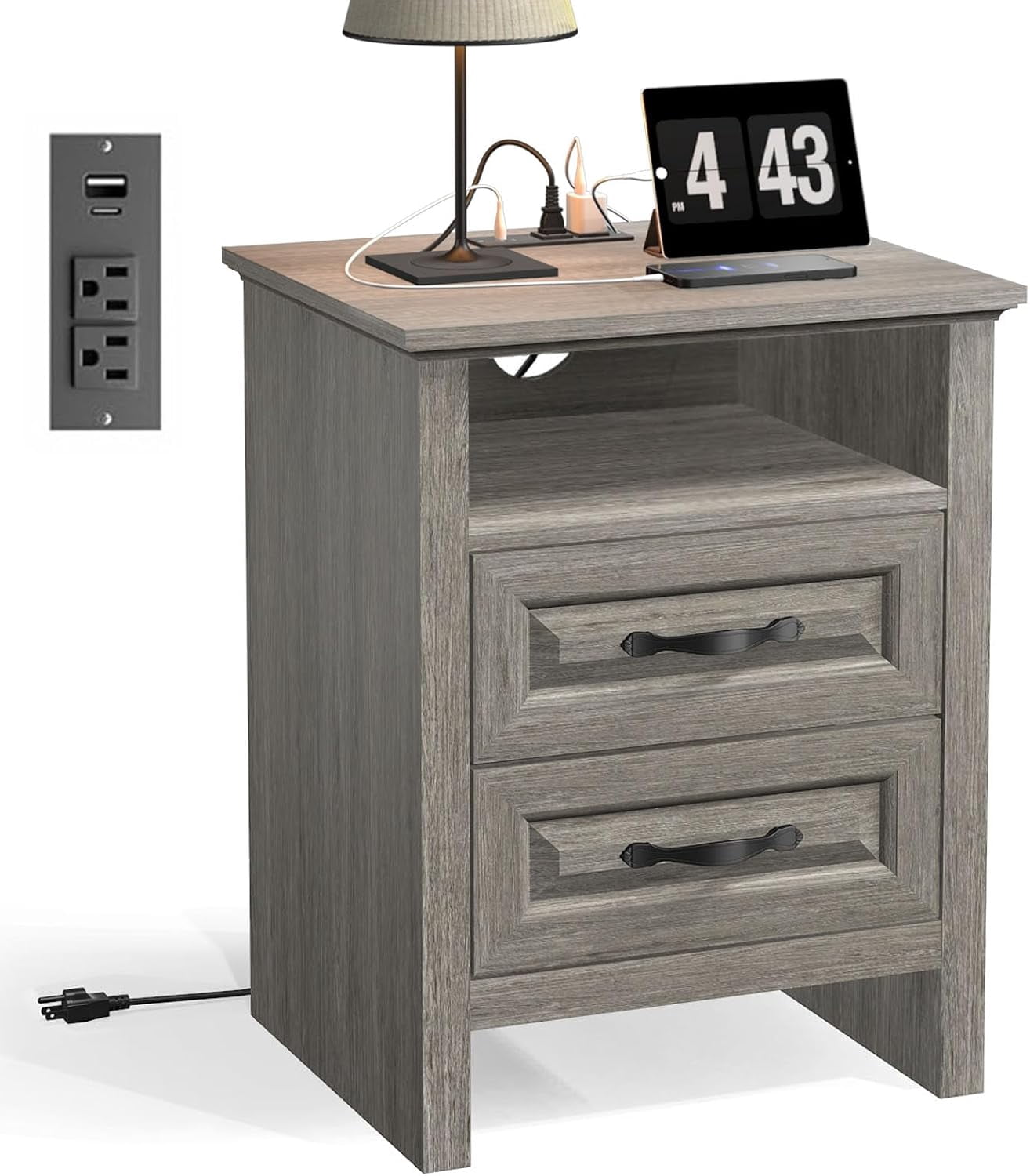 Pipishell Night Stand with Charging Station, Farmhouse Bedside Table ...