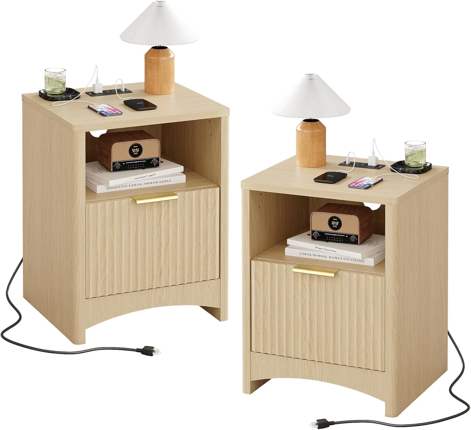 Pipishell Night Stand Set 2 with Charging Station, Modern Bedside Table ...