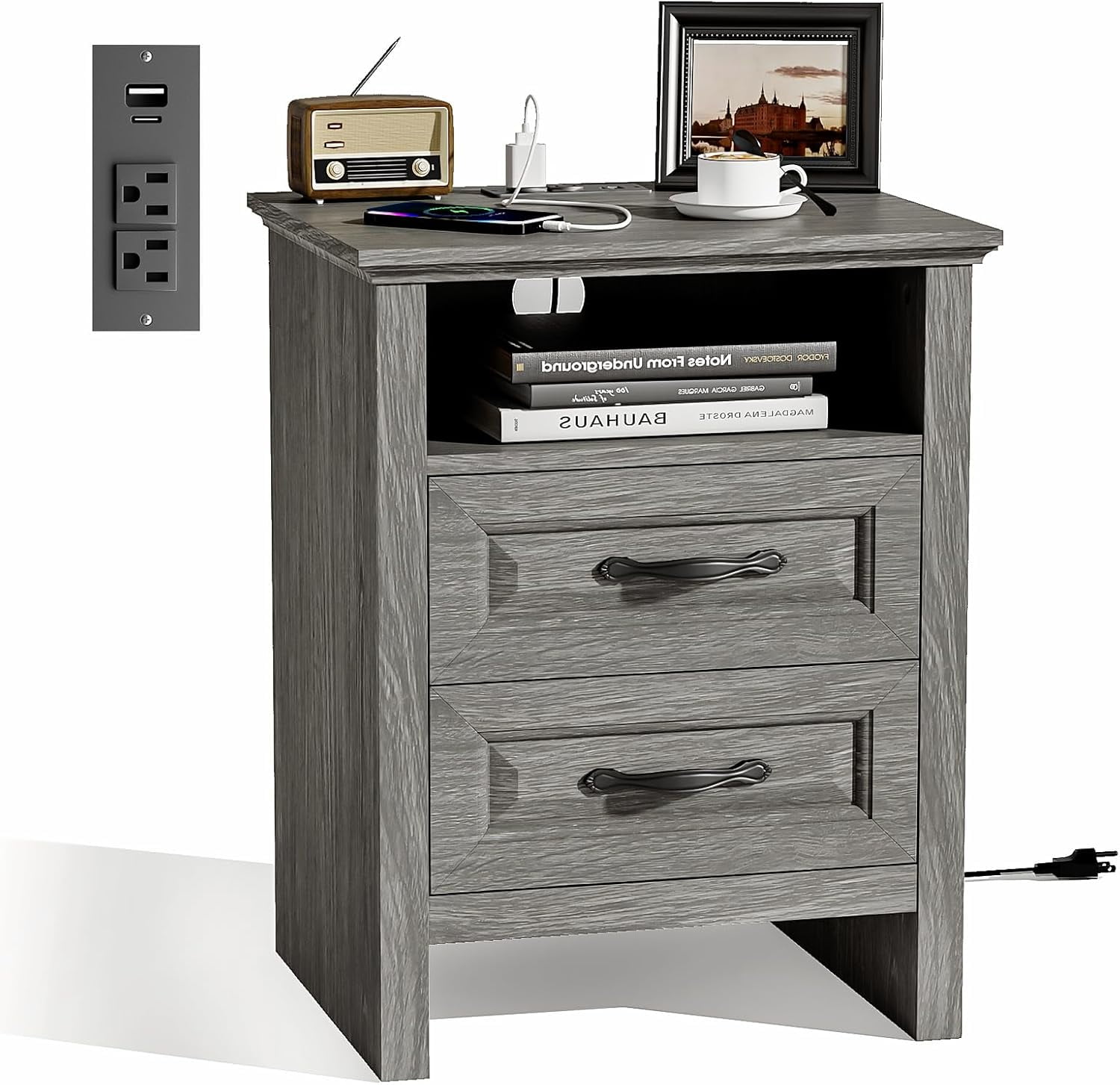 Pipishell Nightstand with Charging Station, 18.9" x 15.7" x 24 ...