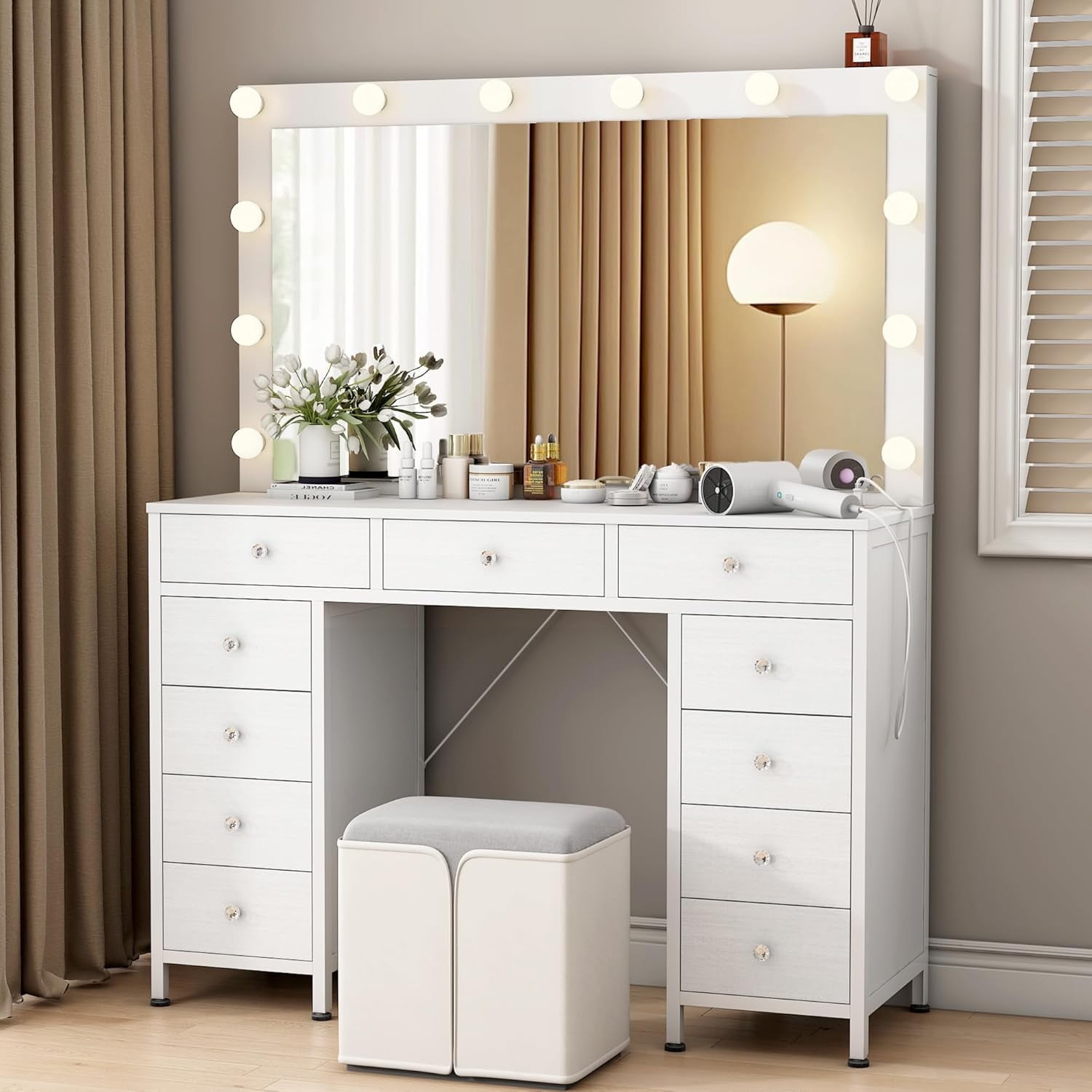 Pipleo 44.1" Makeup Vanity Desk with Mirror Lights, Vanity Desk with ...