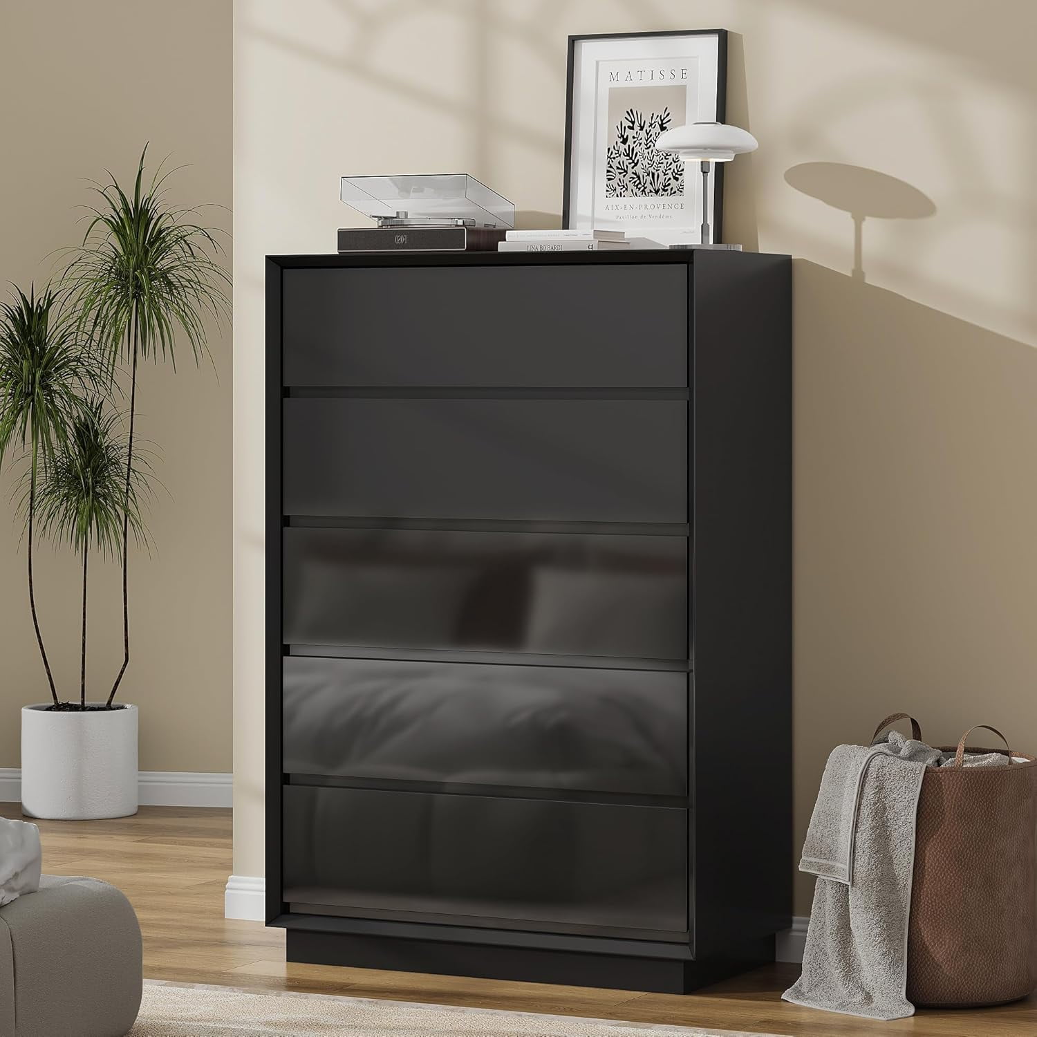 Pipleo 47" Black Dresser for Bedroom, Glossy Wood Dresser with 5 Deep ...