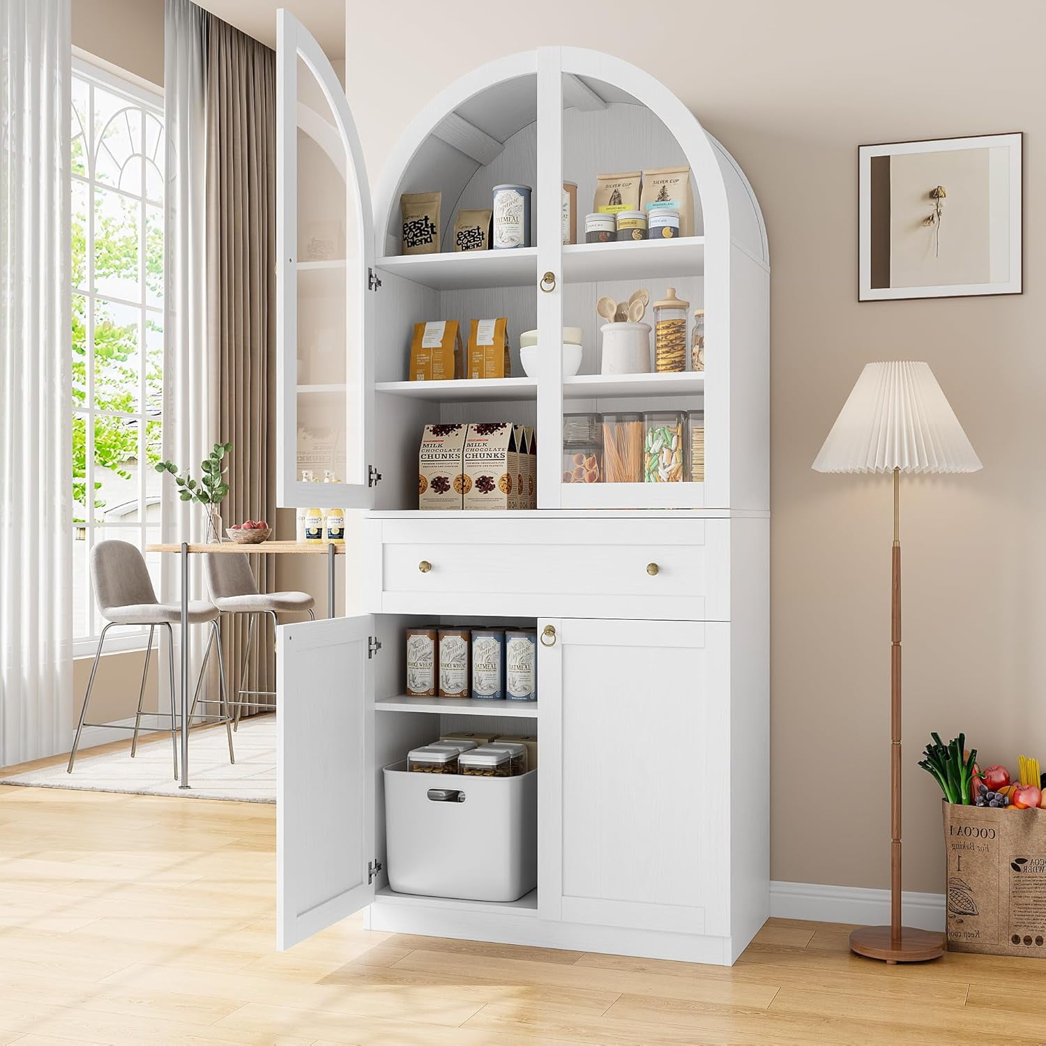 Pipleo 71" Tall Arched Kitchen Pantry Cabinet with Glass Doors, Modern ...