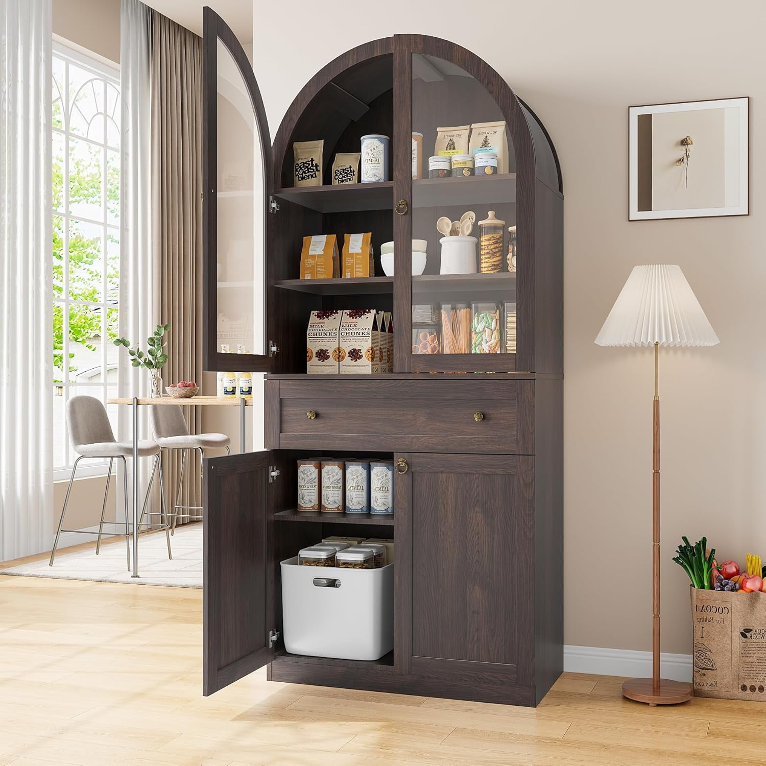 Pipleo 71" Tall Arched Kitchen Pantry Cabinet with Glass Doors, Modern ...