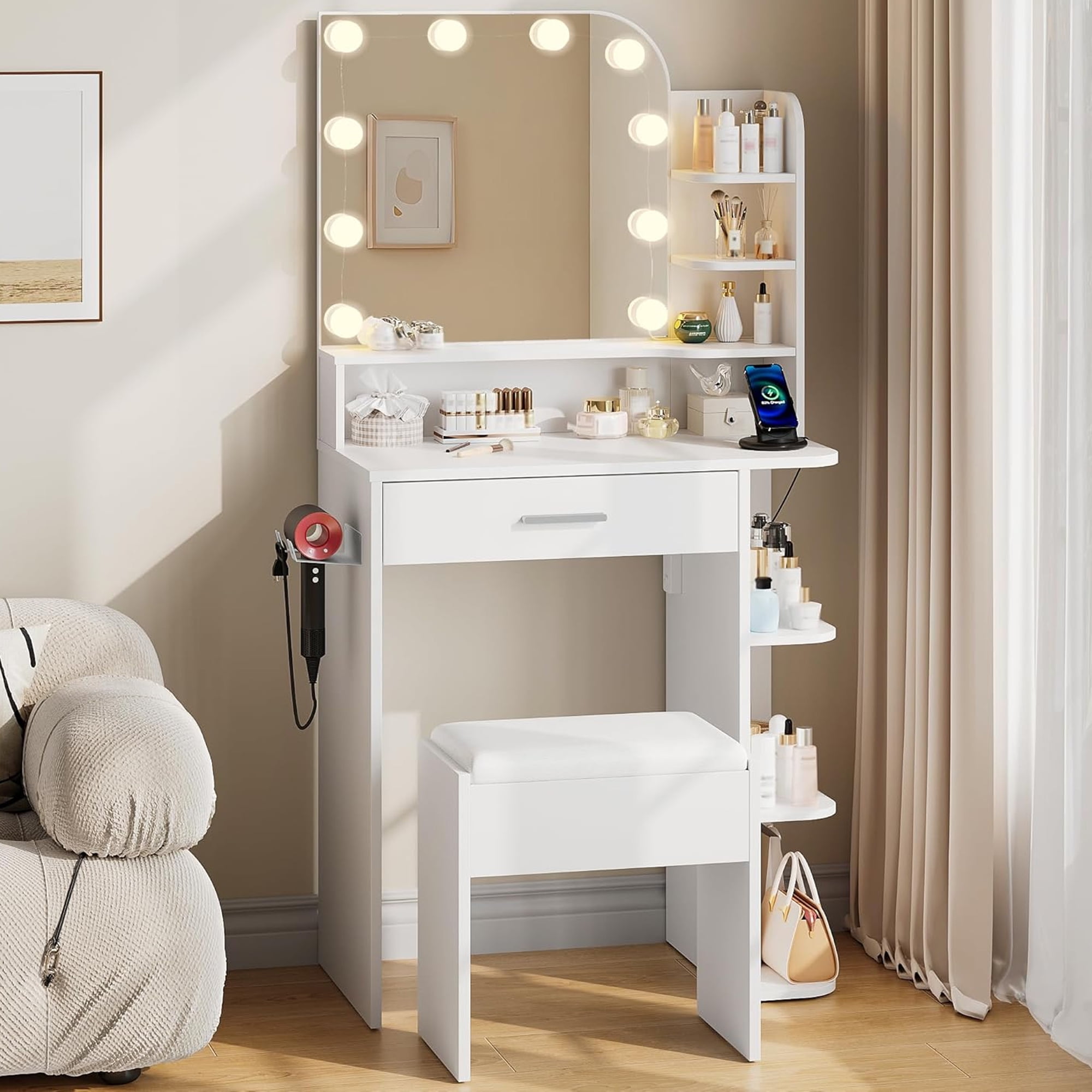Pipleo White Vanity Set with Mirror and Lights, 26.4" Small Vanity with ...