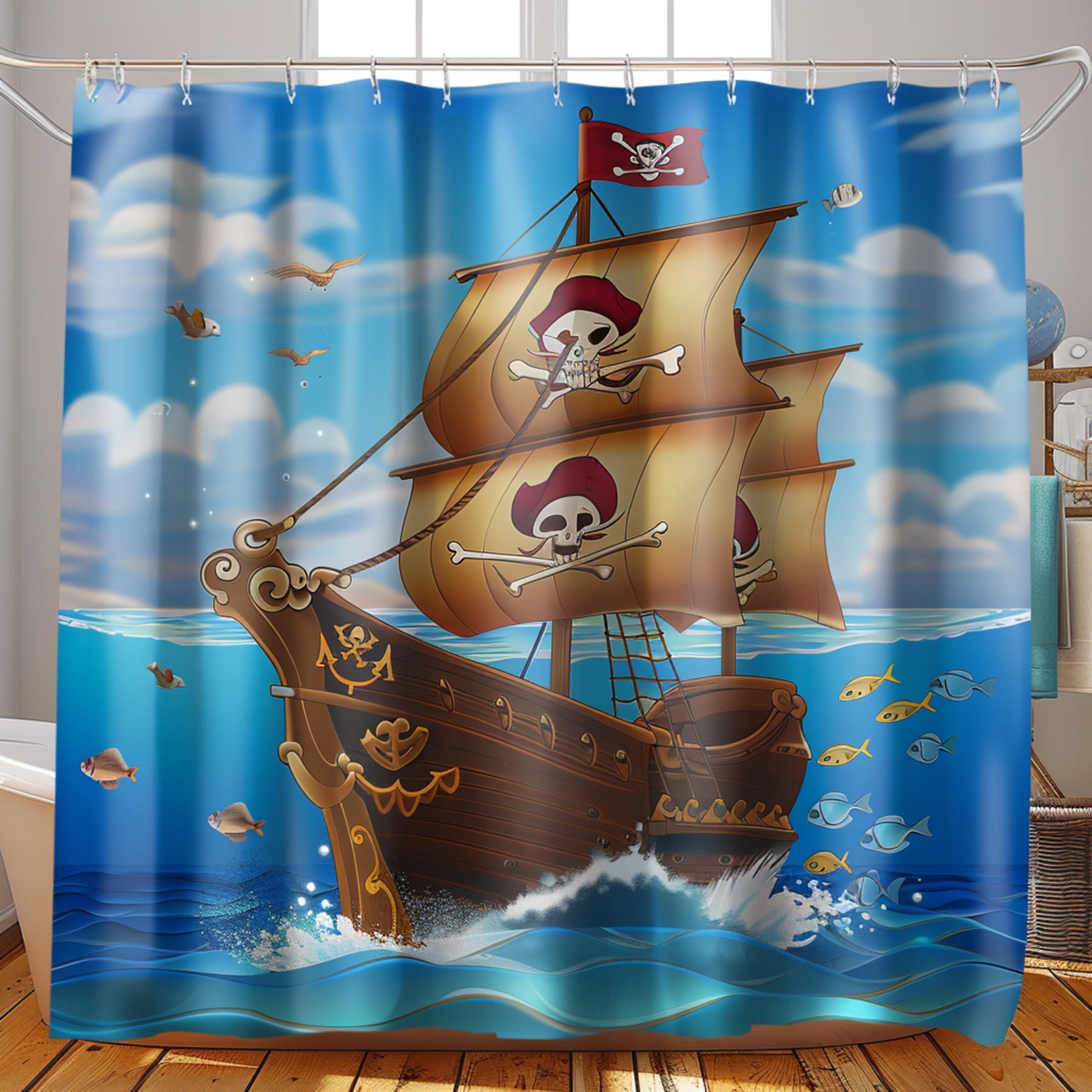 Pirate Adventure Under the Sea: Cartoon Ship & Fish Vibrant Colors ...
