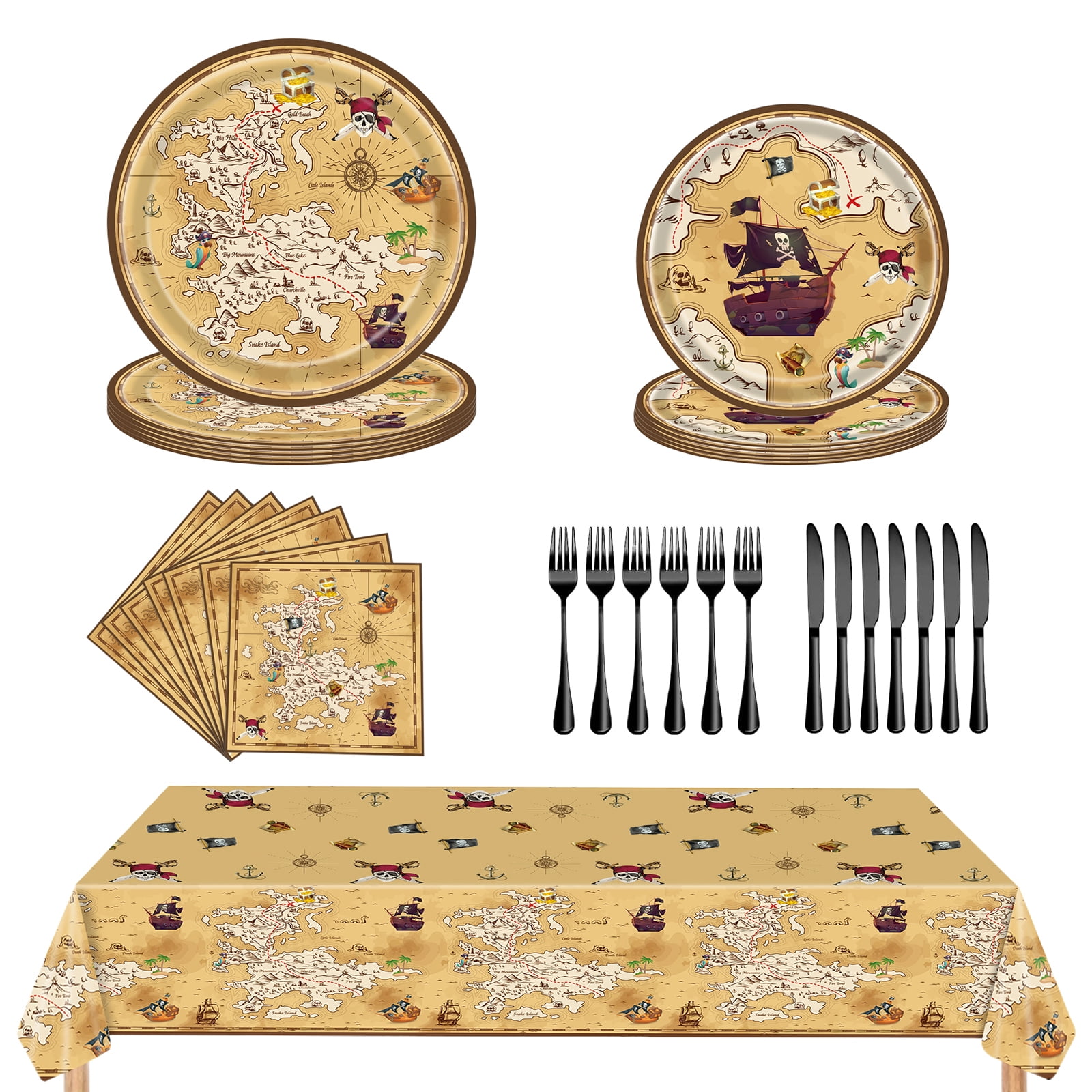 ABWL Pirate Birthday Party Tableware Set, 121 Pieces, Serves 16 Guests ...