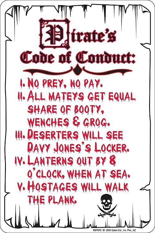 Pirate CODE OF CONDUCT No Prey No Pay Metal Aluminum Sign for Pirates ...