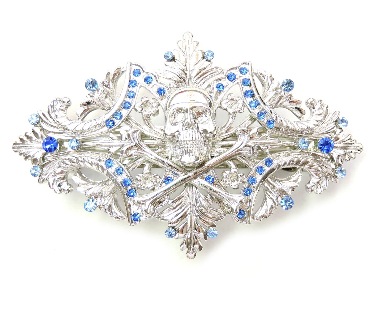 Pirate Crossbones Barrette Skeleton Skull Blue Crystal For Halloween ...