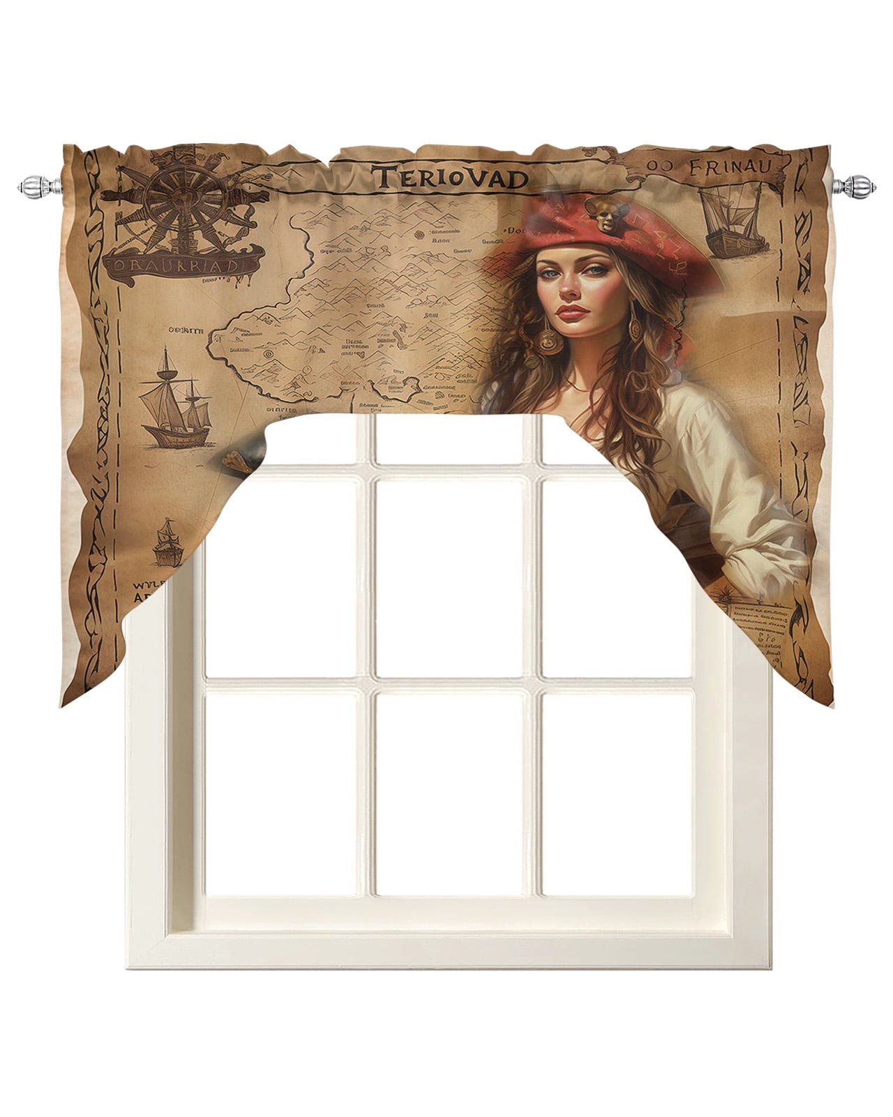 Pirate Girl Swag Valance and Tier Curtains Set Cute Dog Treasure Map ...