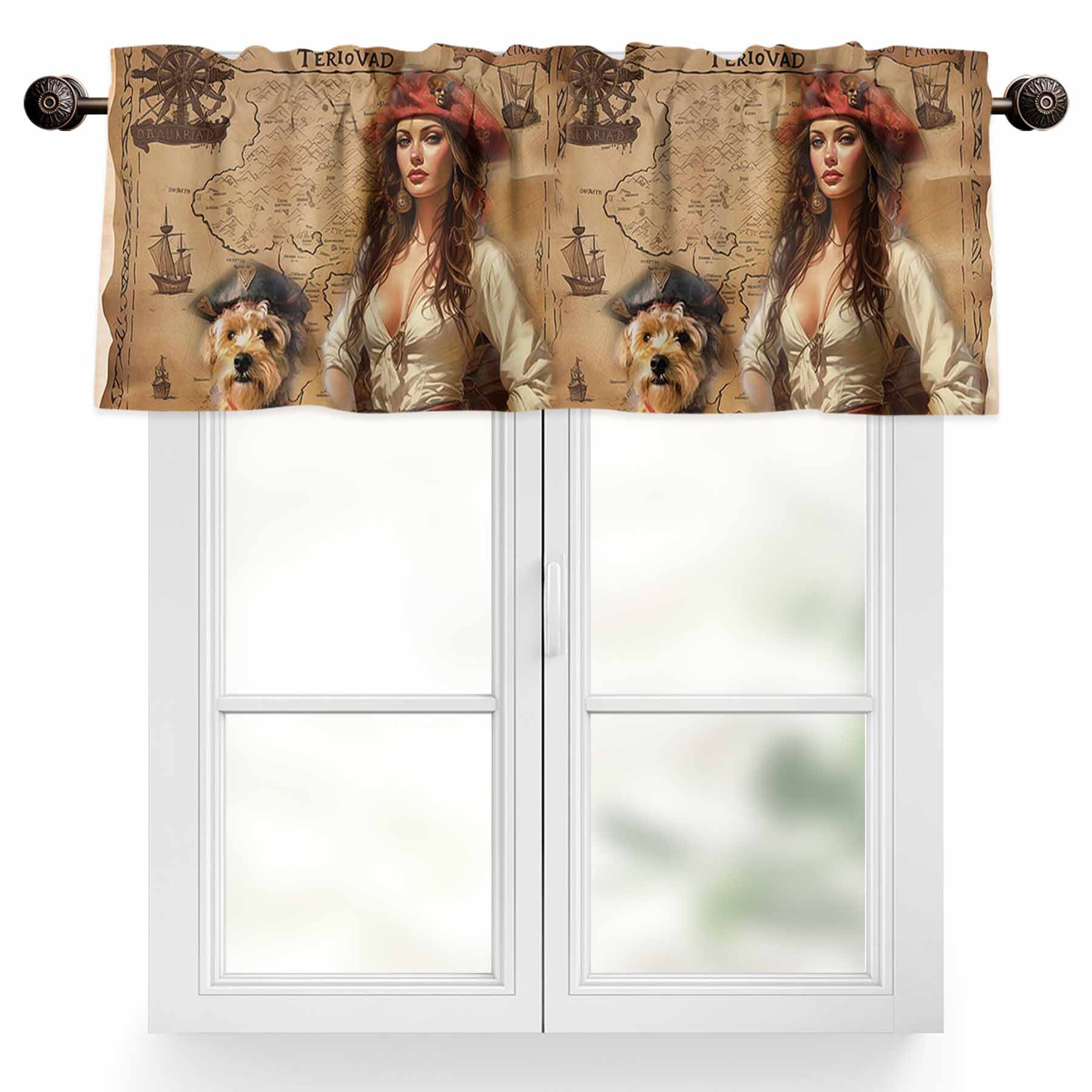 Pirate Girl Valances for Windows, 42 x 18in, Cute Dog Treasure Map Rod ...