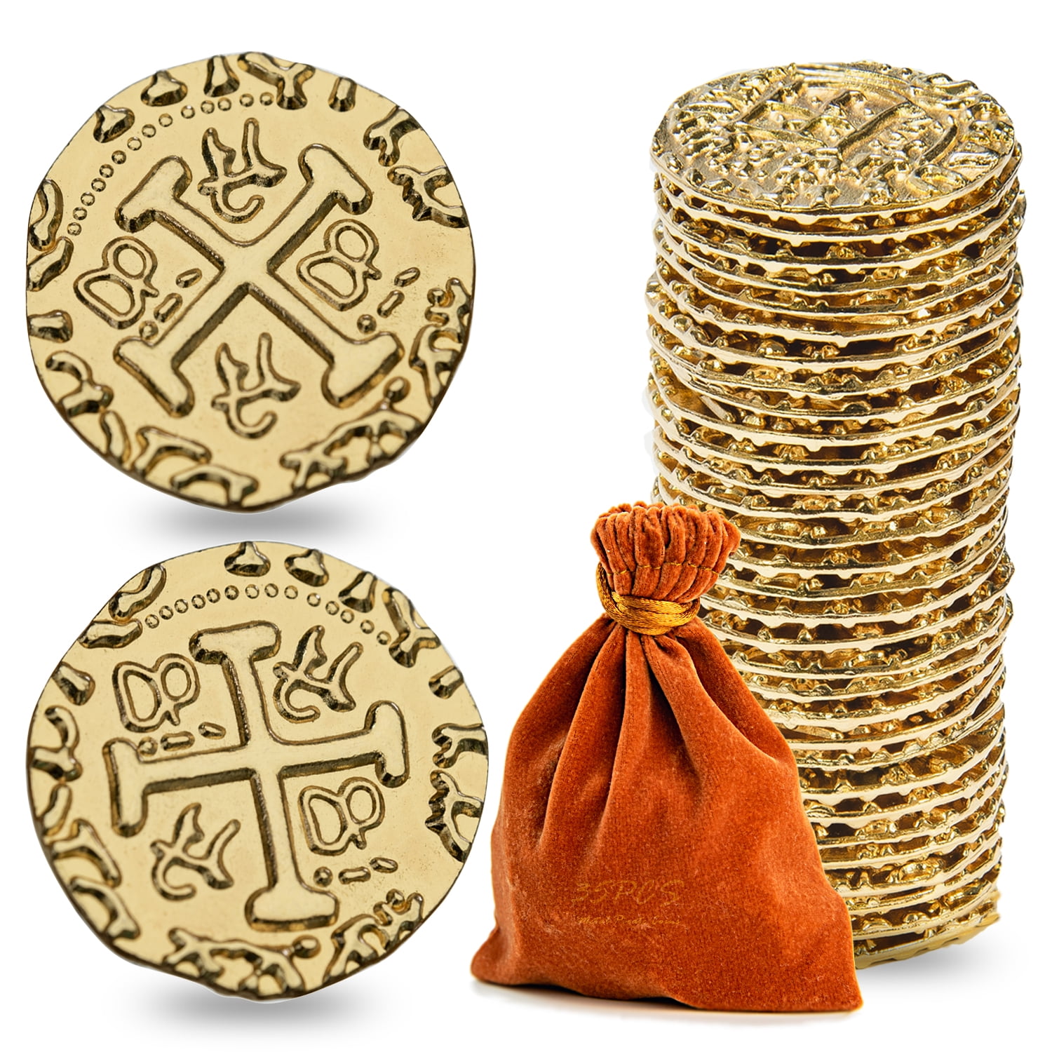 Pirate Gold Coins, Prefdo 35PCS Gold Treasure Coin Set Spanish Doubloon ...