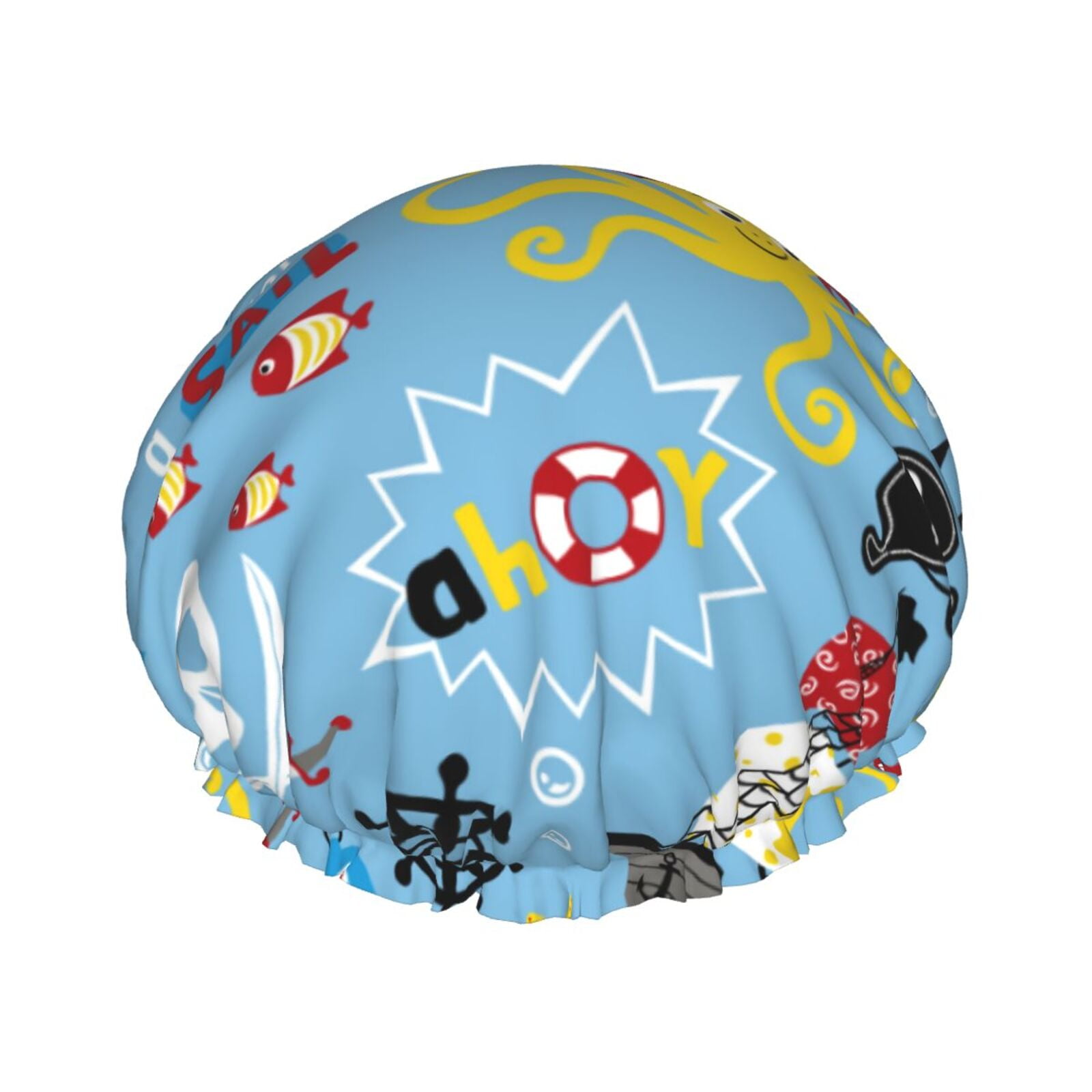 Pirate Marine Animals Shower Cap for Women, Double Waterproof Layers ...