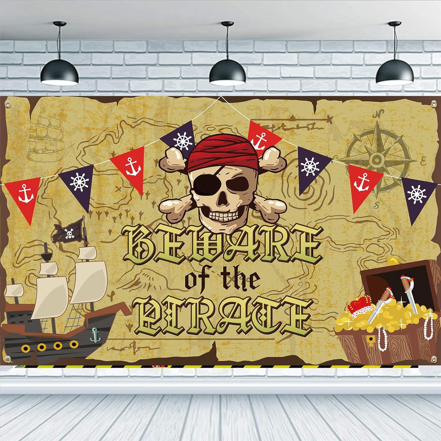 Pirate Party Backdrop 6x3.6ft Yellow Treasure Maps Hanging Banner Party ...