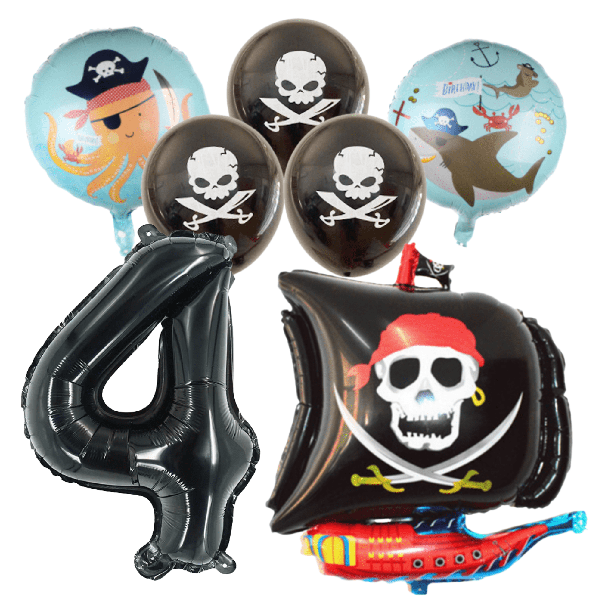Pirate Party Number 4 Balloon Set - Black Blue Foil Ship Kids Birthday ...