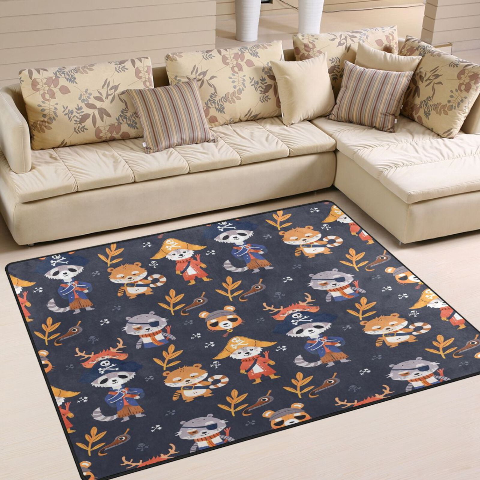 Pirate Raccoons Leaves Area Rug Washable 80 x 58 Floor Carpet Mat Non ...