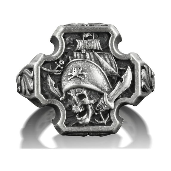 Pirate Ring with Lily in Cross Shape, Oxidized Fantasy Signet Ring For ...