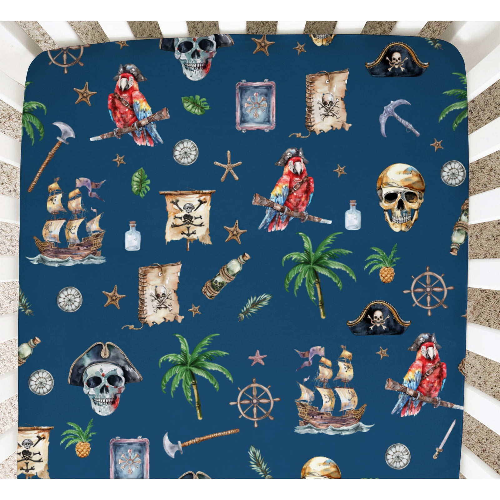 Pirate Ship Adventure Baby Crib Sheet for Girl Boy Nautical Anchor ...