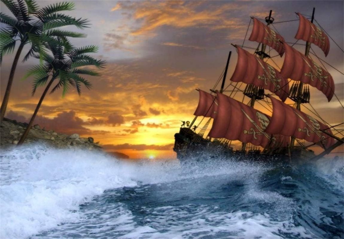 Pirate Ship Backdrop Dark Night Galaxy Sky Sea Ocean Sailboat ...