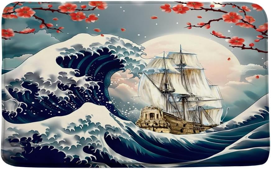 Pirate Ship Bath Mat Nautical Great Waves Sailing Boat Full Moon Red ...