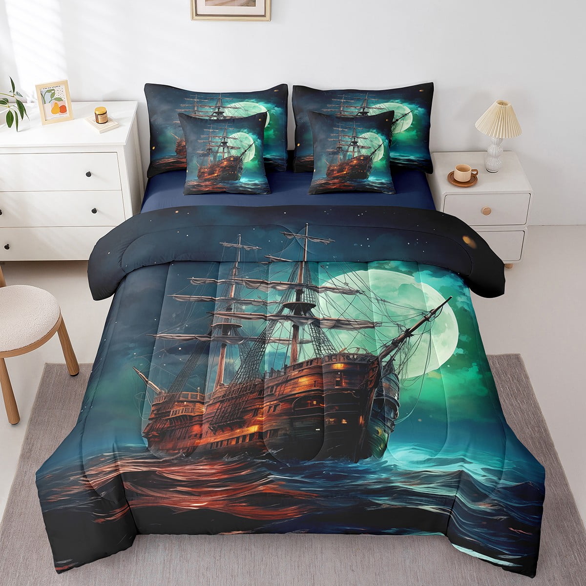 Pirate Ship Bedding Set Twin Size,Marine Sailboat Comforter Set,Ocean ...