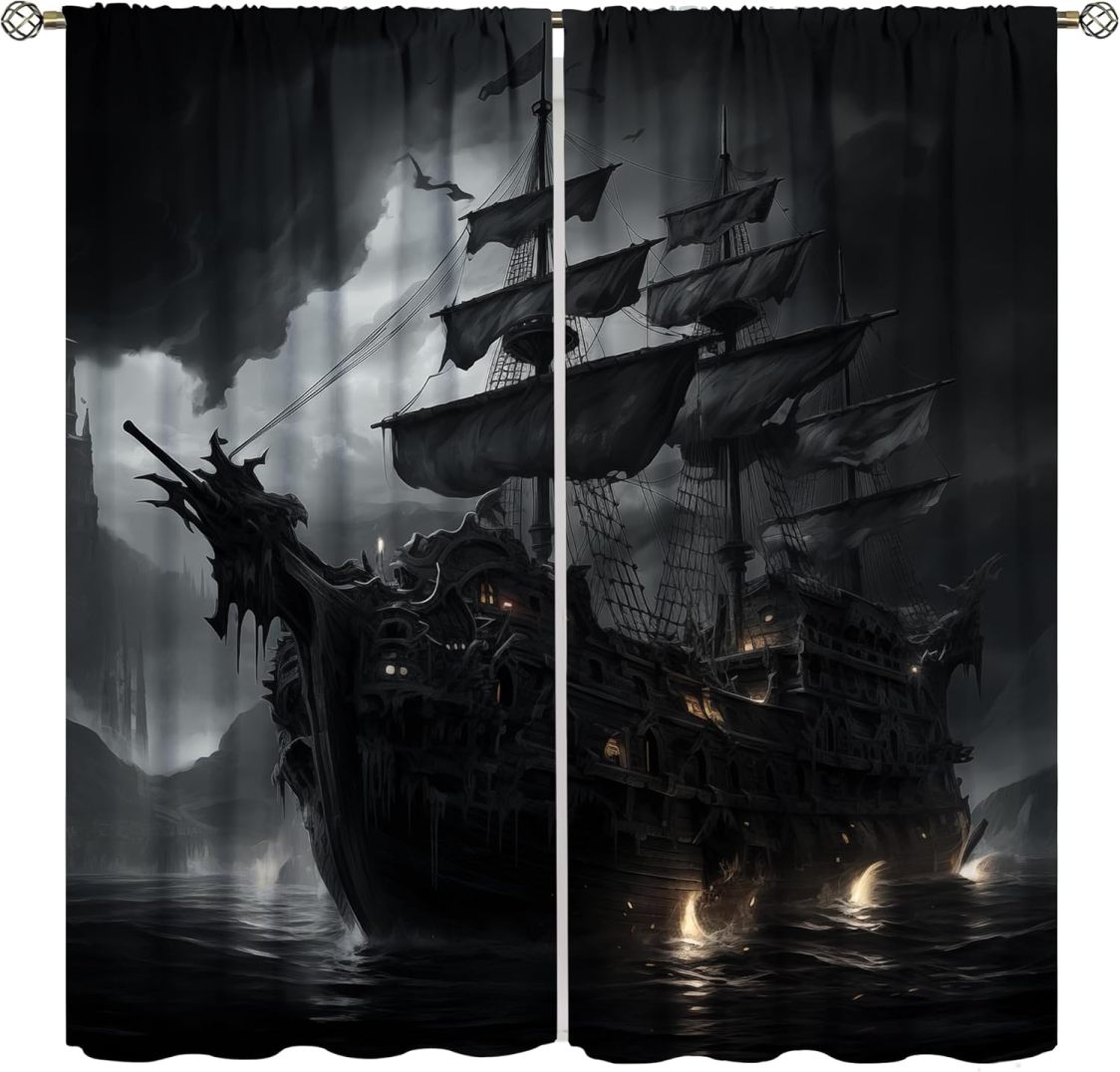 Pirate Ship Curtain, Fantasy Ocean Vintage Pirate Ship Ocean Themed ...