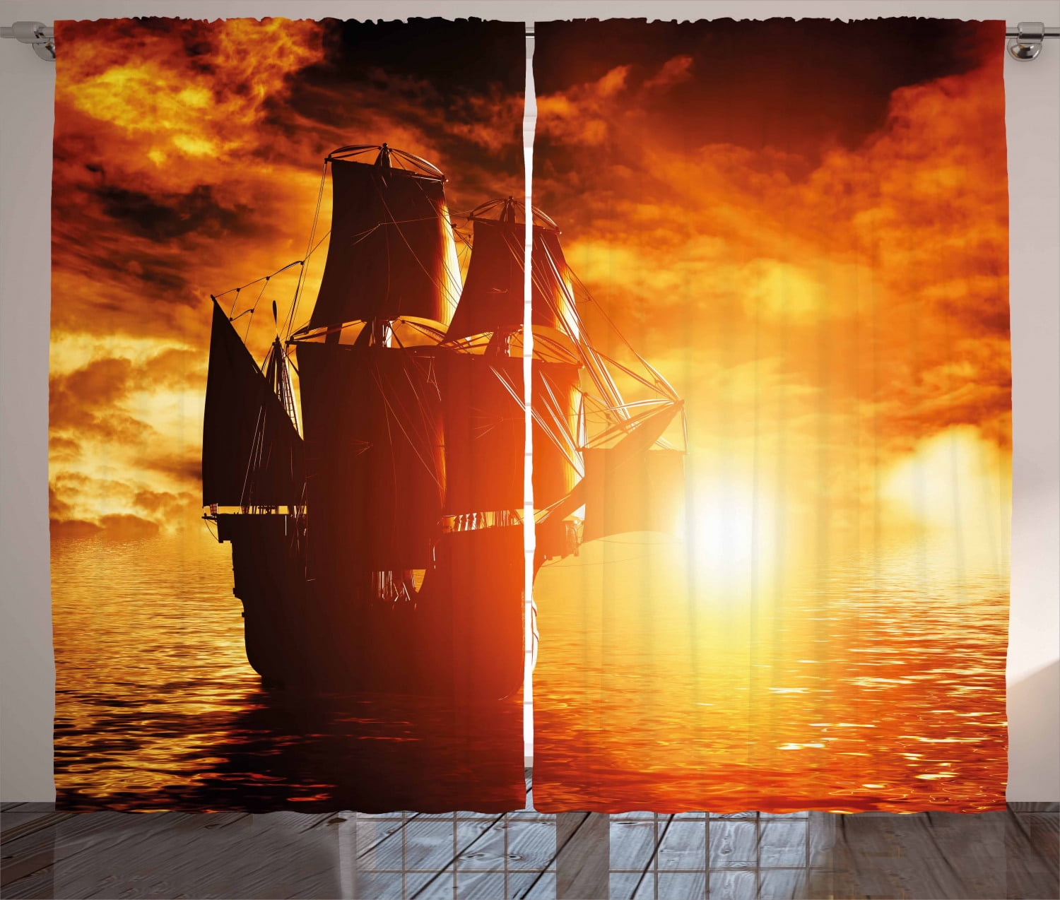 Ambesonne Pirate Ship Curtains 2 Panel Set, Ship Sunset, 108" x 96 ...
