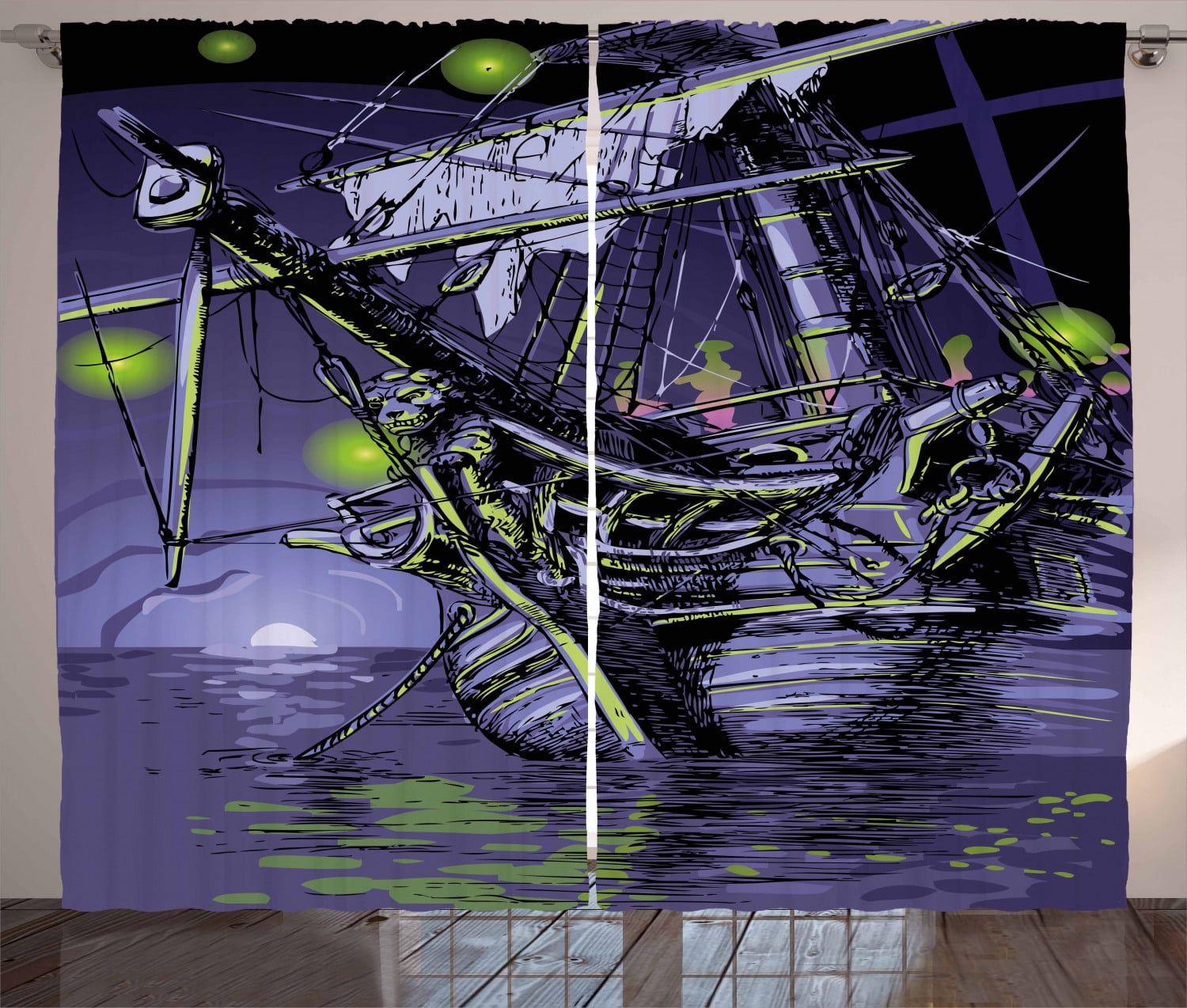 Ambesonne Pirate Ship Curtains 2 Panel Set, Ghost Vessel Island, 108" x ...