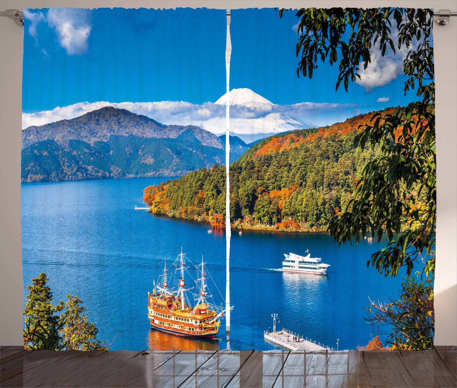 Ambesonne Pirate Ship Curtains 2 Panel Set, Lake Ashi in Japan, 108" x ...
