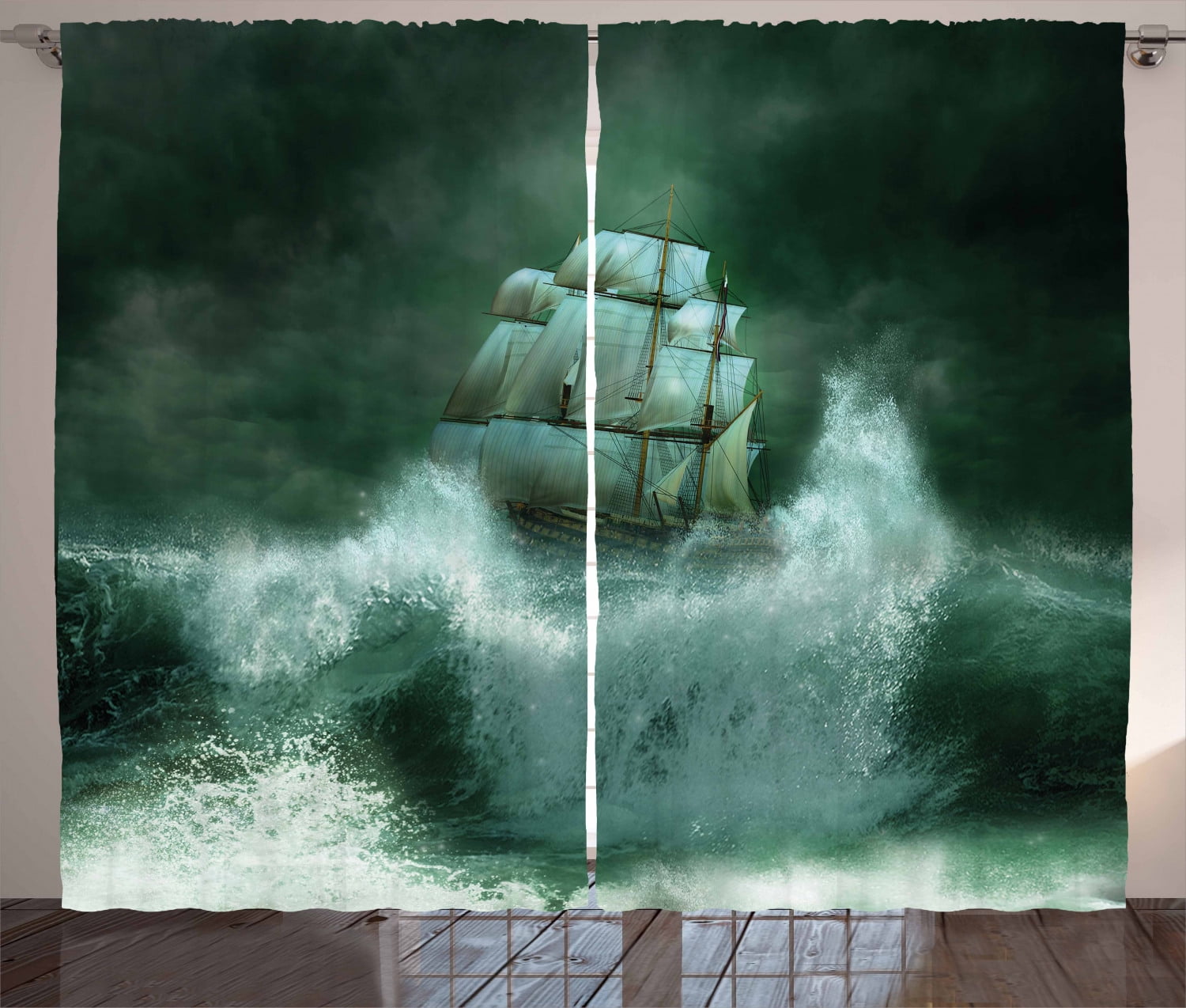 Ambesonne Pirate Ship Curtains 2 Panel Set, Thunderstorm Art, 108" x 96 ...