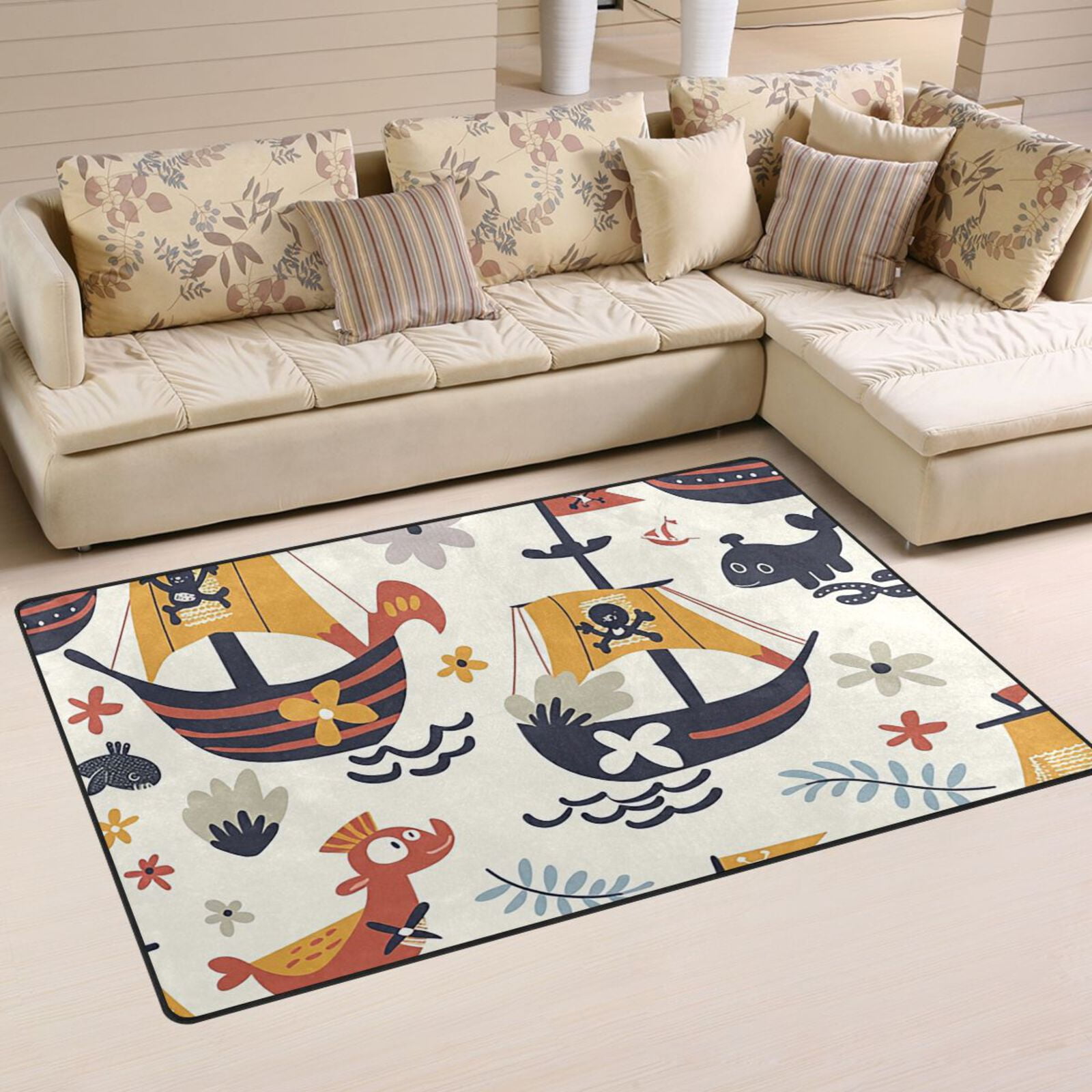 Pirate Ship Flowers Leaves Area Rug Washable Floor Carpet Mat 60 x 39 ...