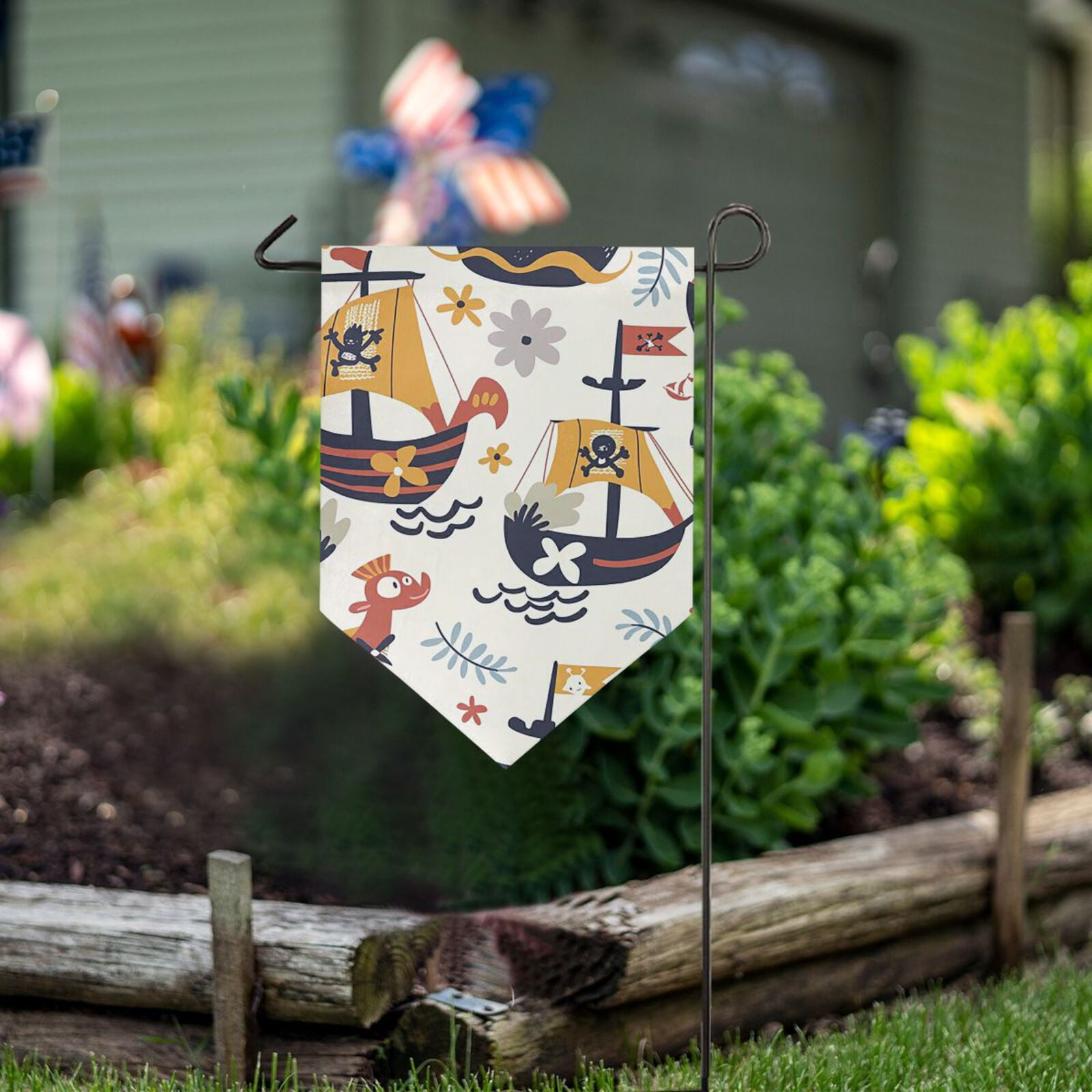 Pirate Ship Flowers Leaves Garden Flag 18" x 12.5" Double Sided Yard ...