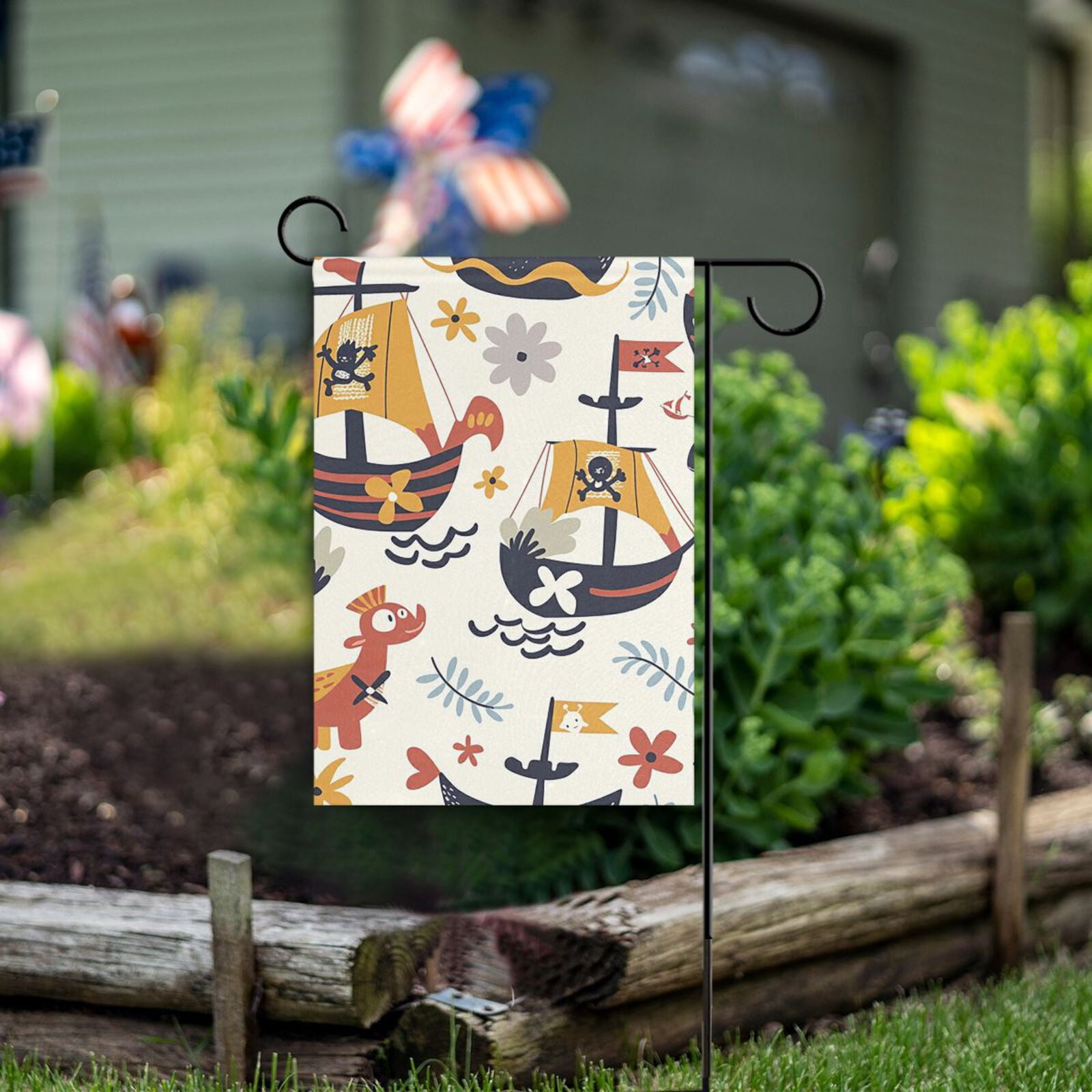 Pirate Ship Flowers Leaves Garden Flag Double Sided Outdoor Banners for ...
