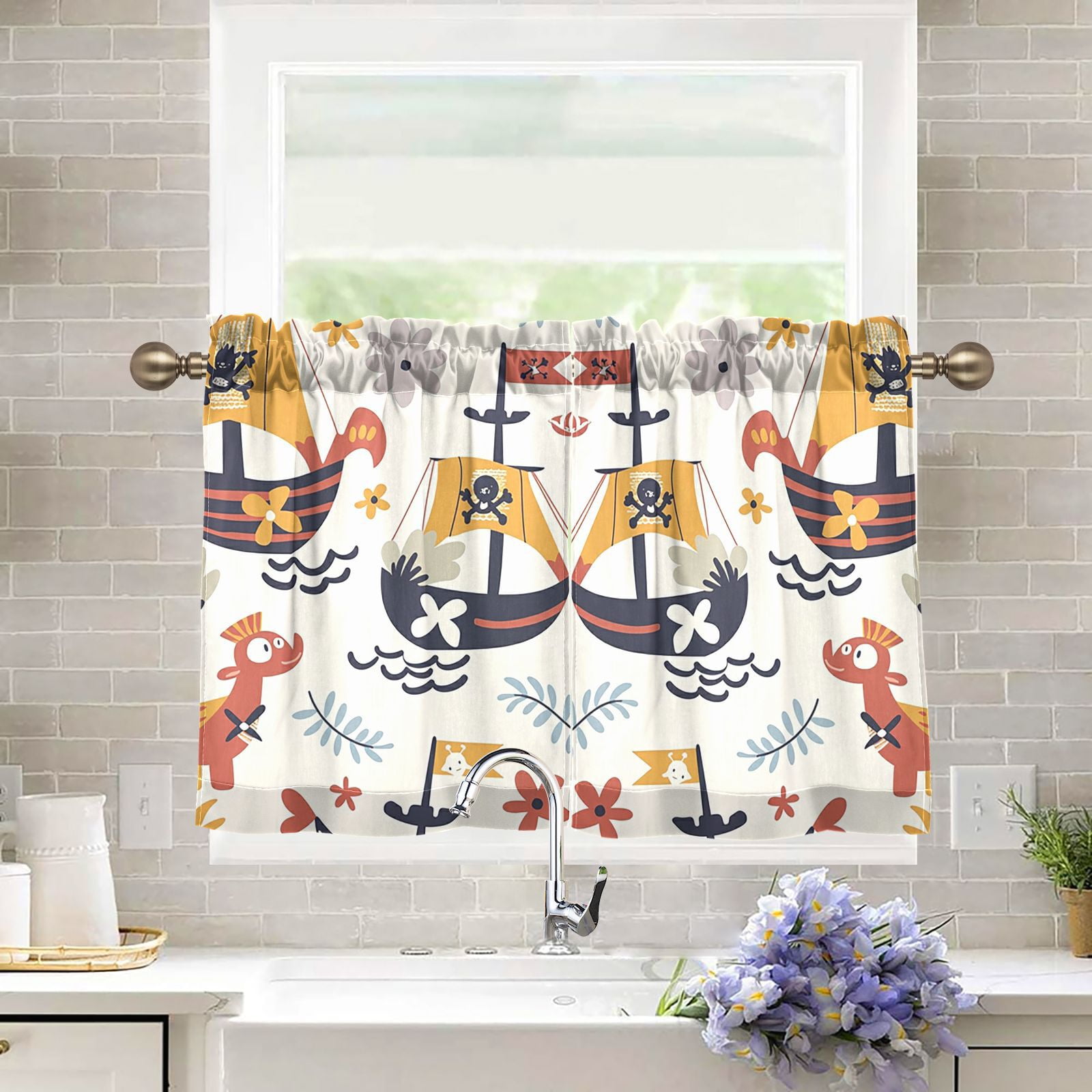 Pirate Ship Flowers Leaves Kitchen Curtains Half Tier Curtain 2 Rod ...