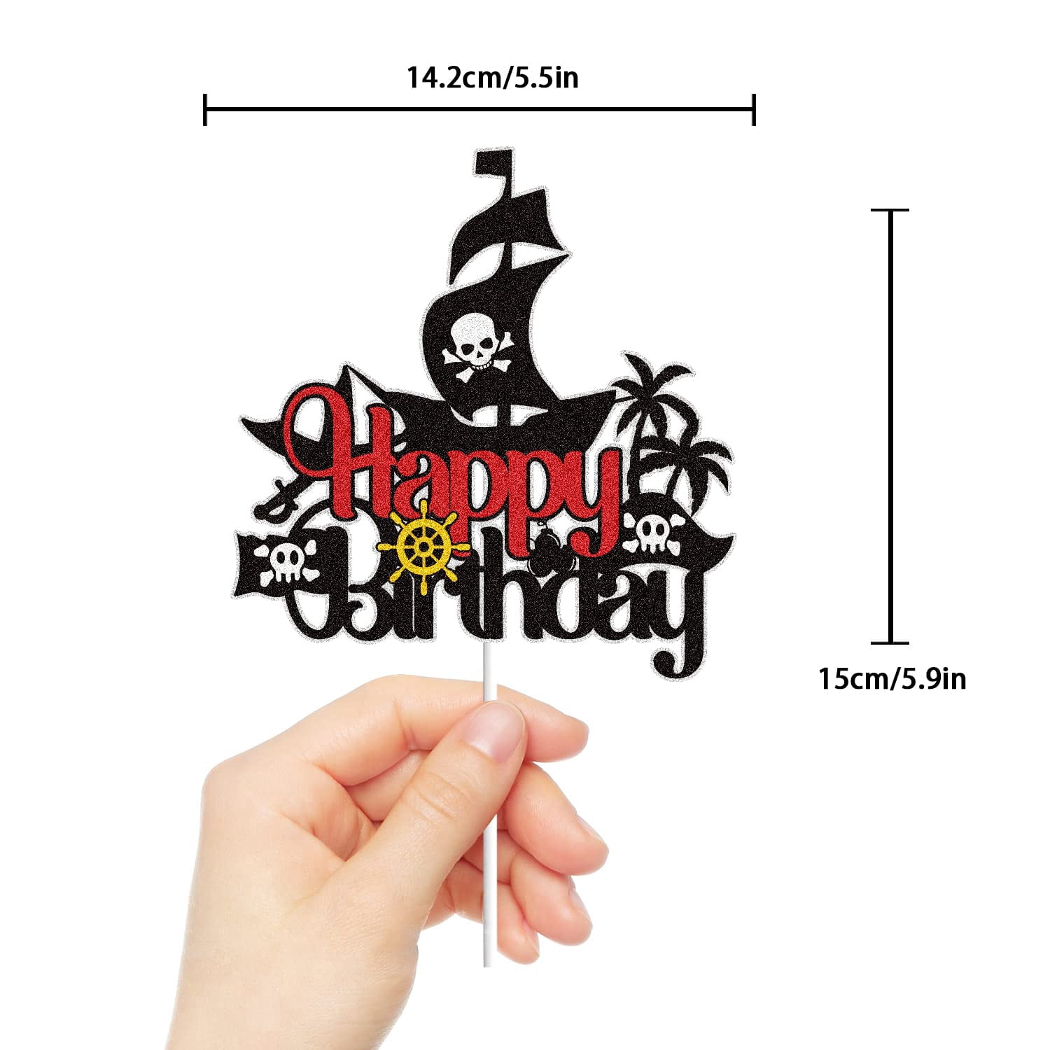 Pirate Ship Happy AJH3 Birthday Cake Topper Black Glitter Nautical Sail ...