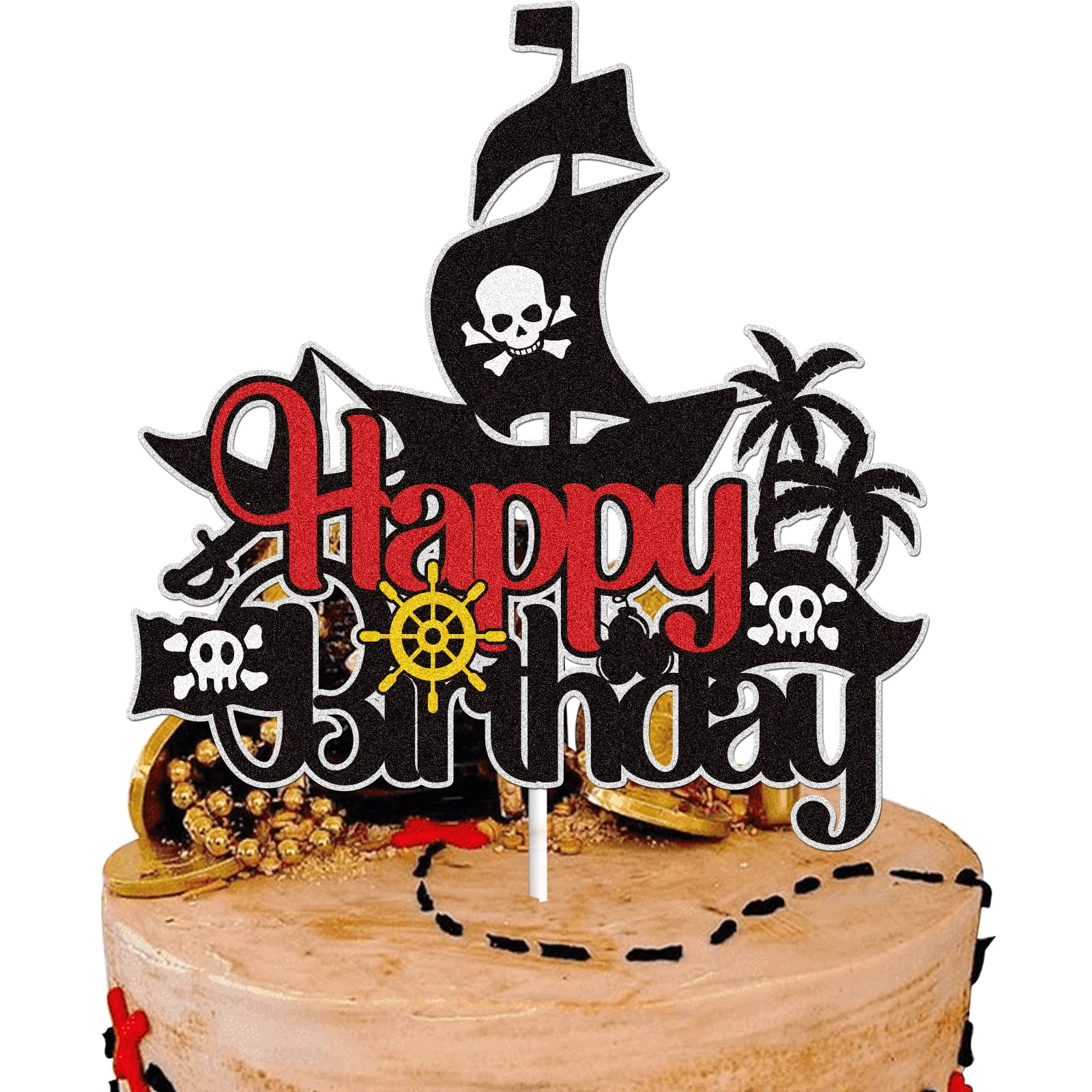 Pirate Ship Happy Birthday Cake Topper BSL1 Black Glitter Nautical Sail ...