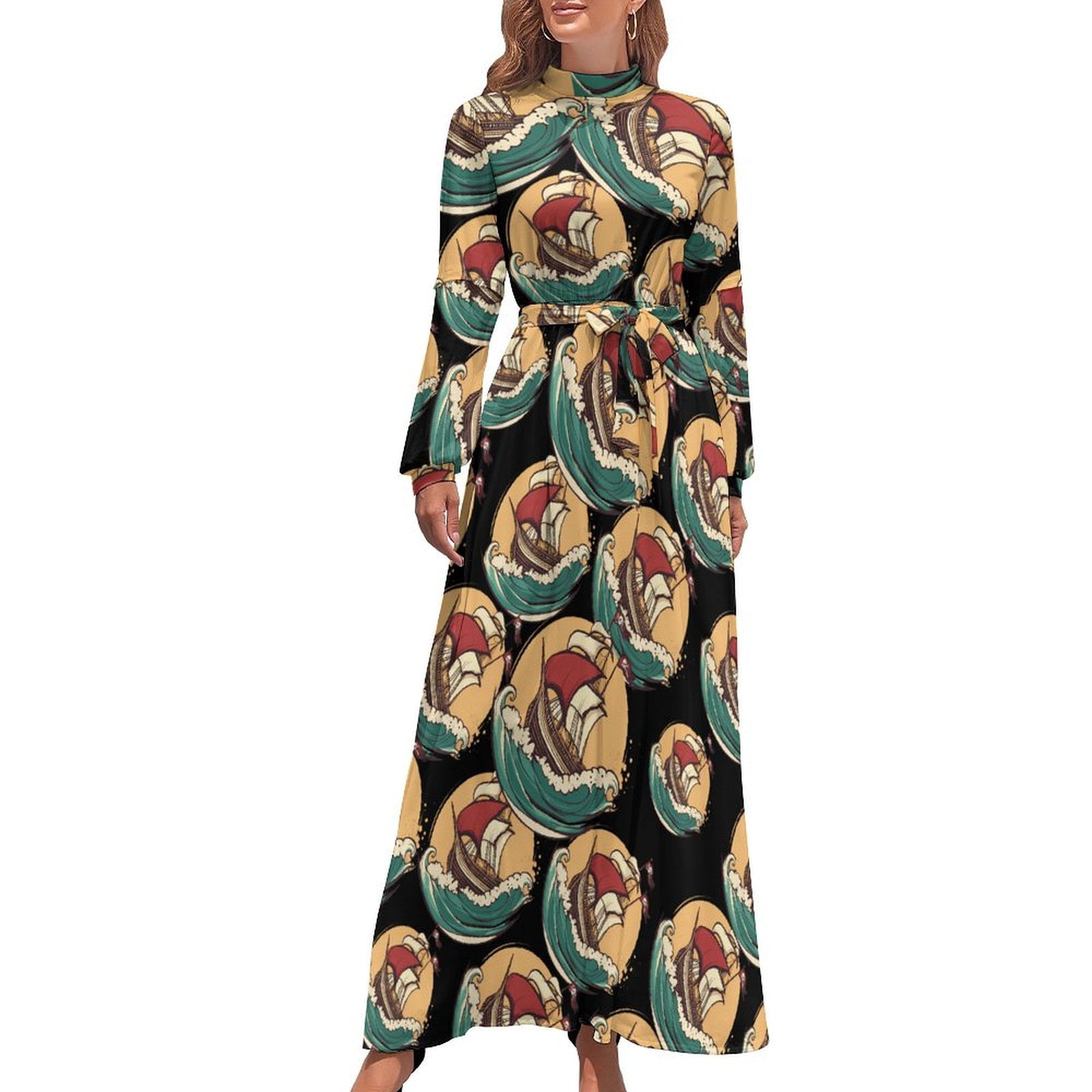 Pirate Ship Nautical Boat And Flag Women's Fall Maxi Dress Long Sleeve ...