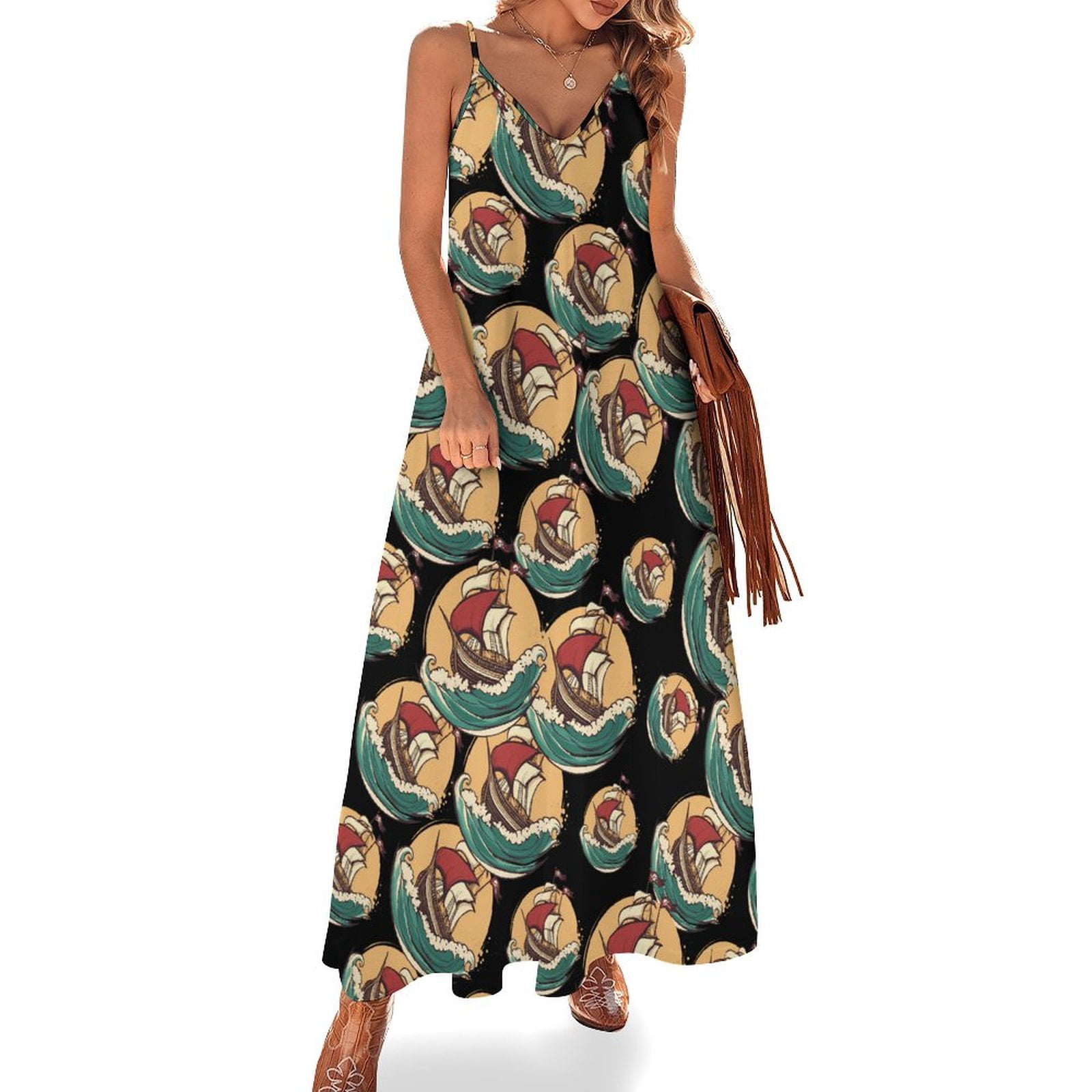 Pirate Ship Nautical Boat And Flag Women's Maxi Dress Spaghetti Strap V ...