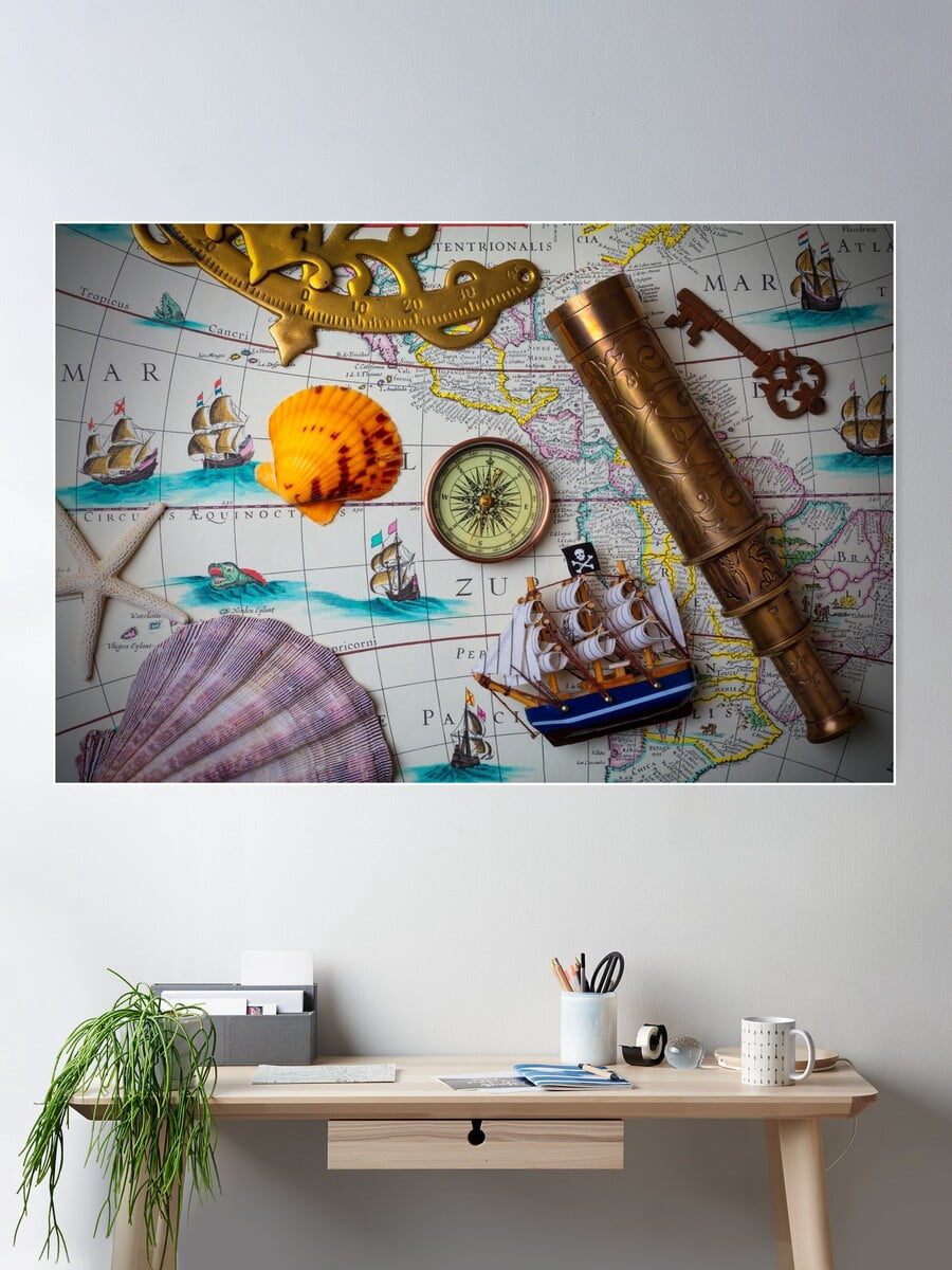 Pirate Ship On Old Map Poster Wall Art, Modern Wall Decor For Living ...