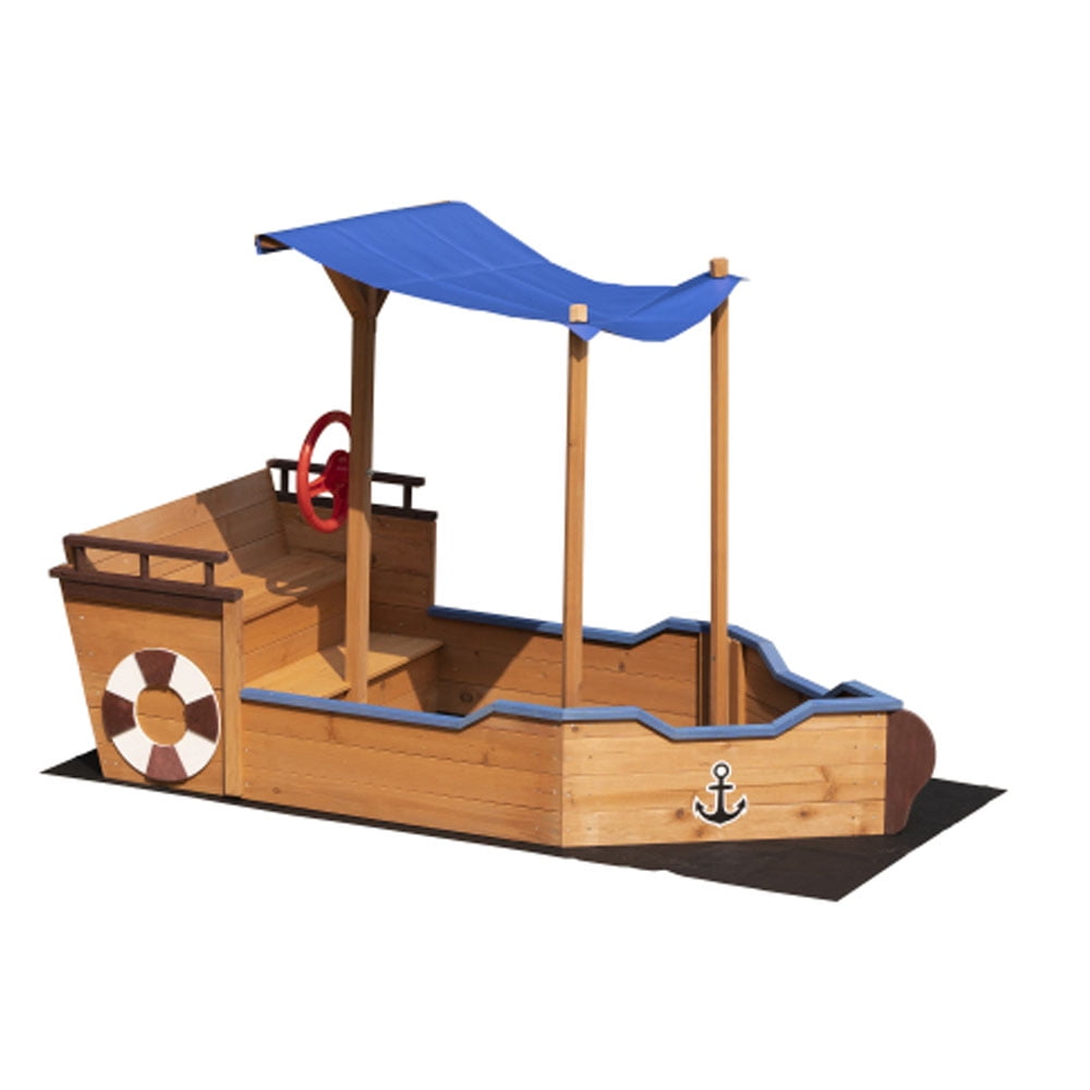 Pirate Ship Sandbox with Cover and Rudder, Wooden Sandbox with Storage ...