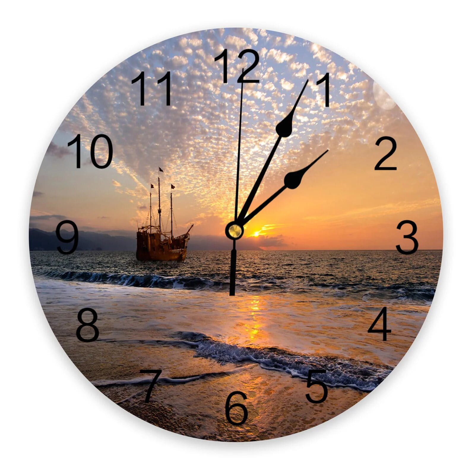 Pirate Ship Seaside Beach Dusk PVC Wall Clock Modern Design Living Room ...