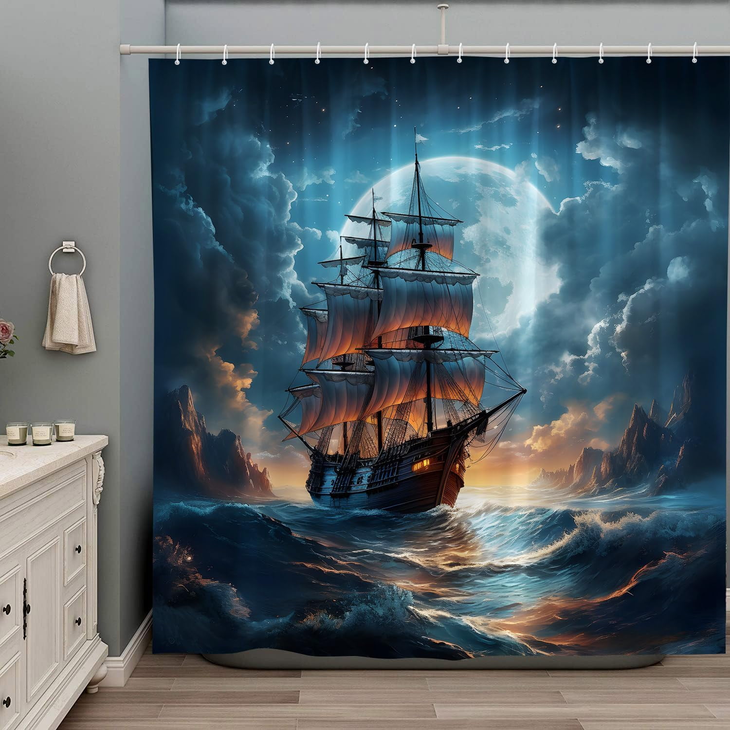 Pirate Ship Shower Curtain Nautical Sailboat Sailing Ocean Adventure ...